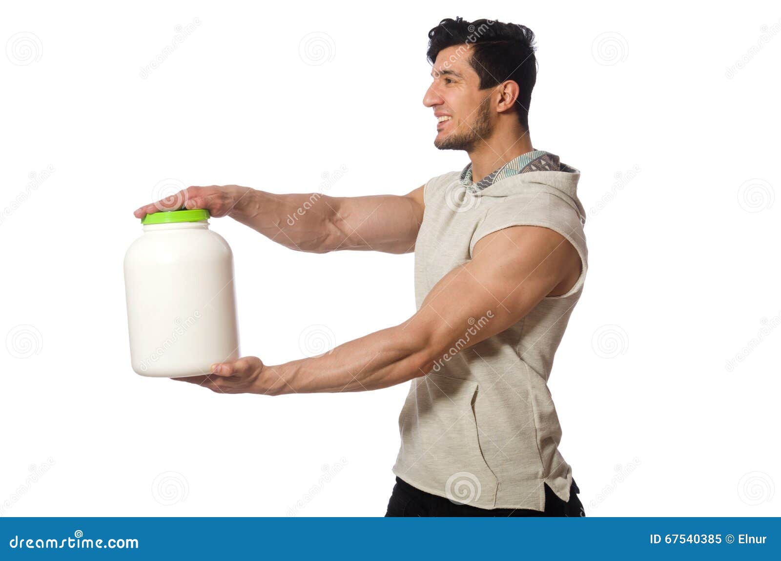 The Muscular Man with Protein Jars on White Stock Image - Image of ...