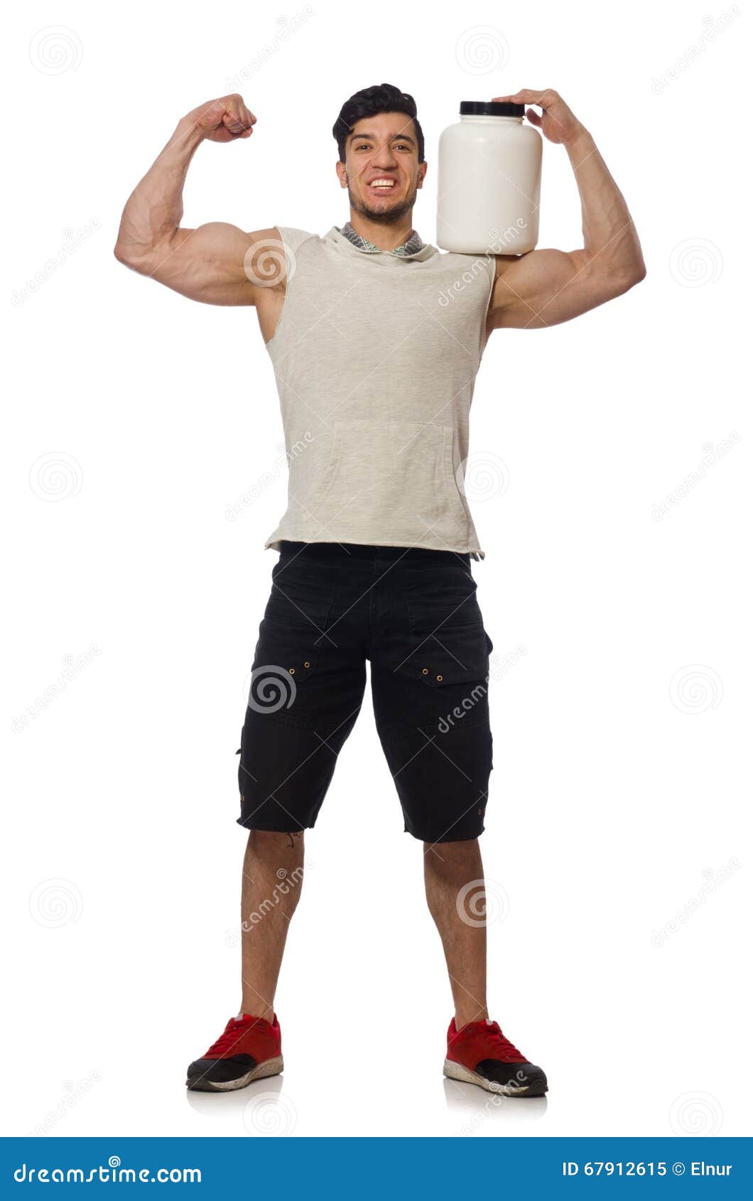The Muscular Man with Protein Jars on White Stock Image - Image of ...