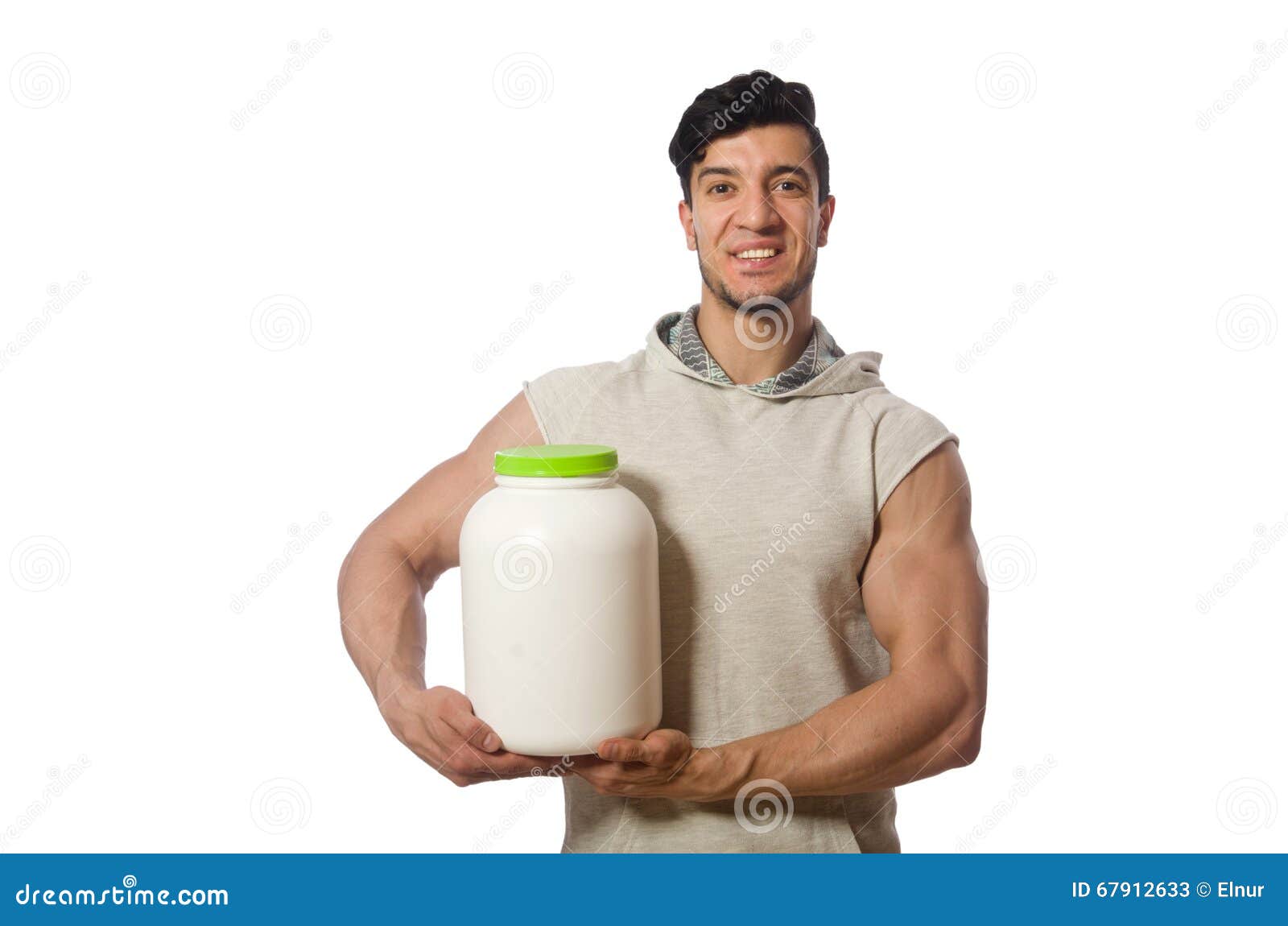 The Muscular Man with Protein Jars on White Stock Image - Image of meal ...