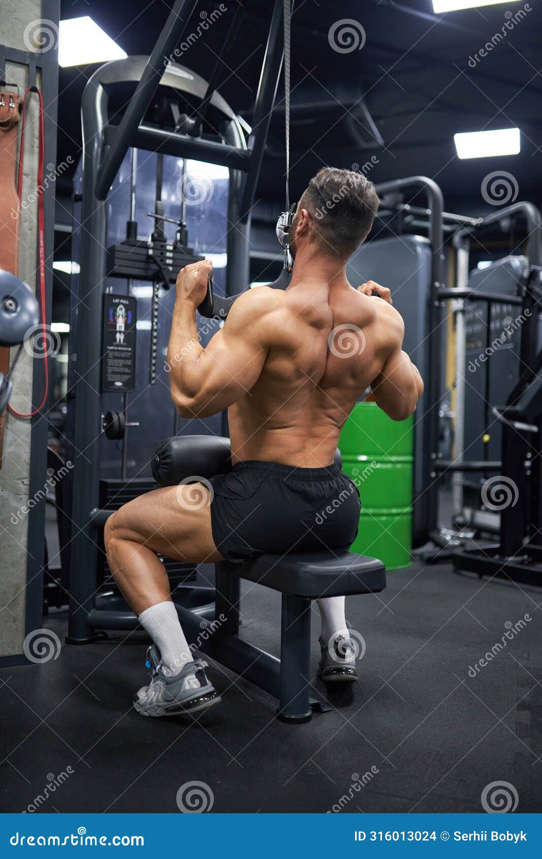 Muscular Man Pulling Training Apparatus, while Exercising in Gym. Stock ...