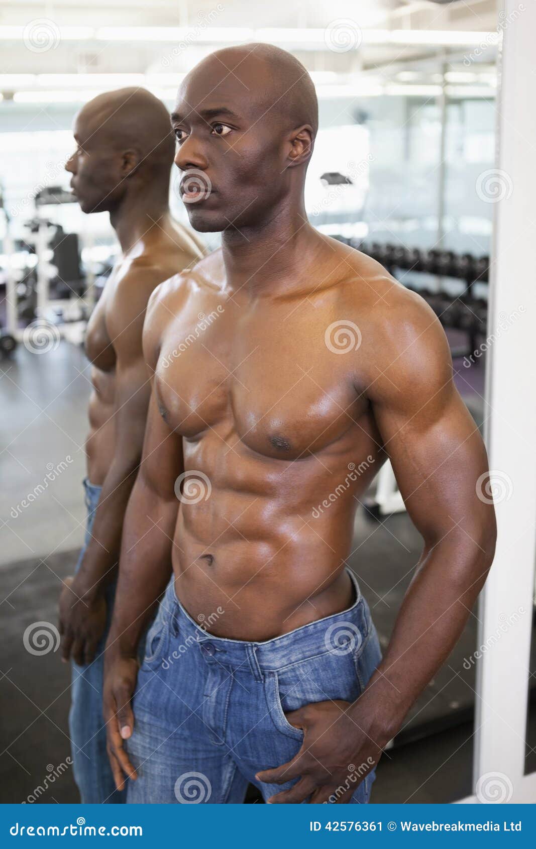 Muscular Man with Reflection Looking Away Stock Image - Image of care ...