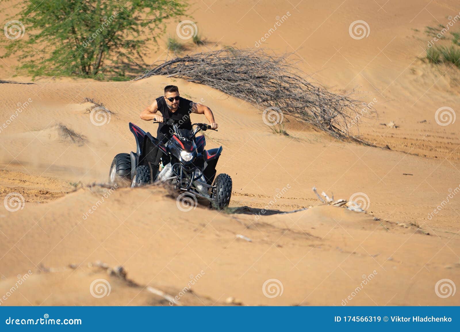 Muscular Man Riding Atv in the Desert Stock Image - Image of sand ...