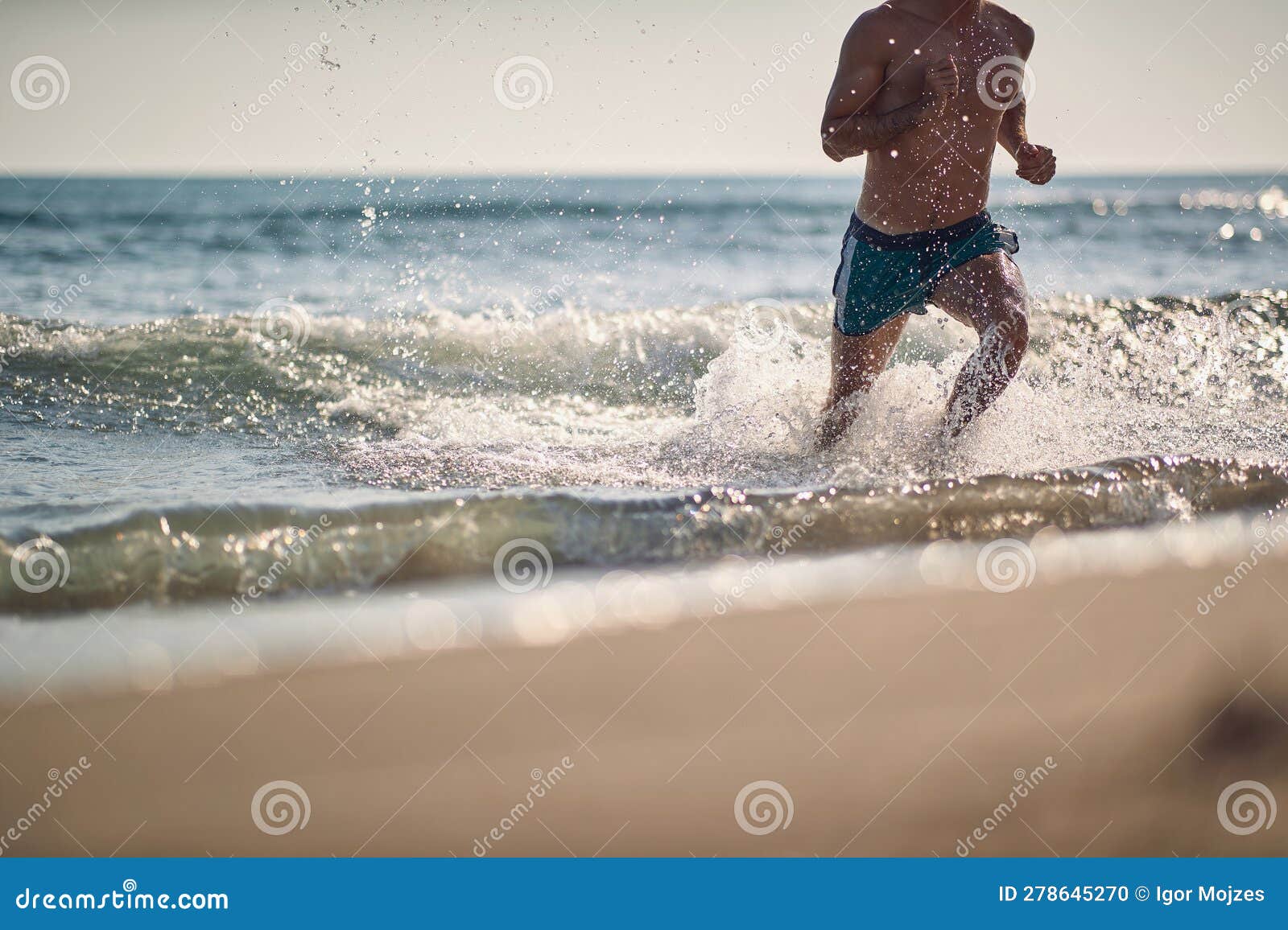 Muscular Man Run in Water, Drop of Water Shining Stock Photo - Image of ...