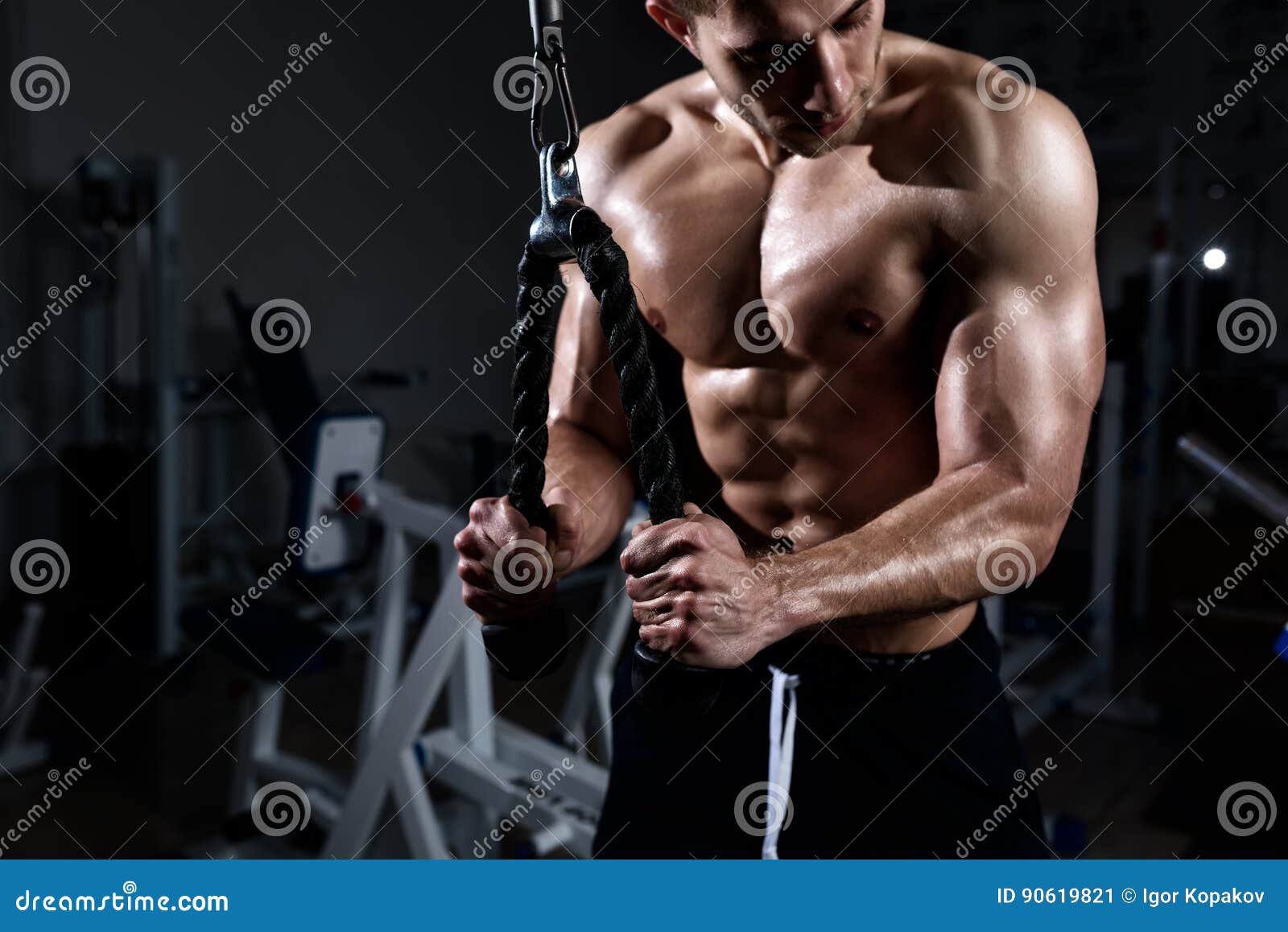 Muscular Man Training Triceps in the Gym Stock Image - Image of cable ...