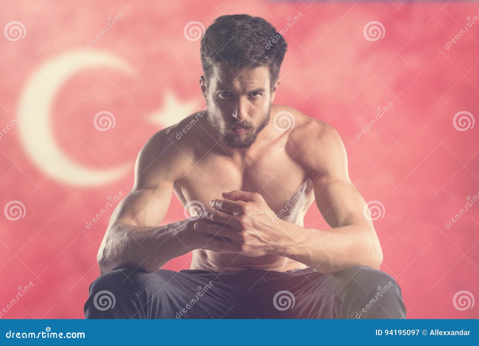 Muscular Man with Turkey Flag Behind Stock Image - Image of male ...