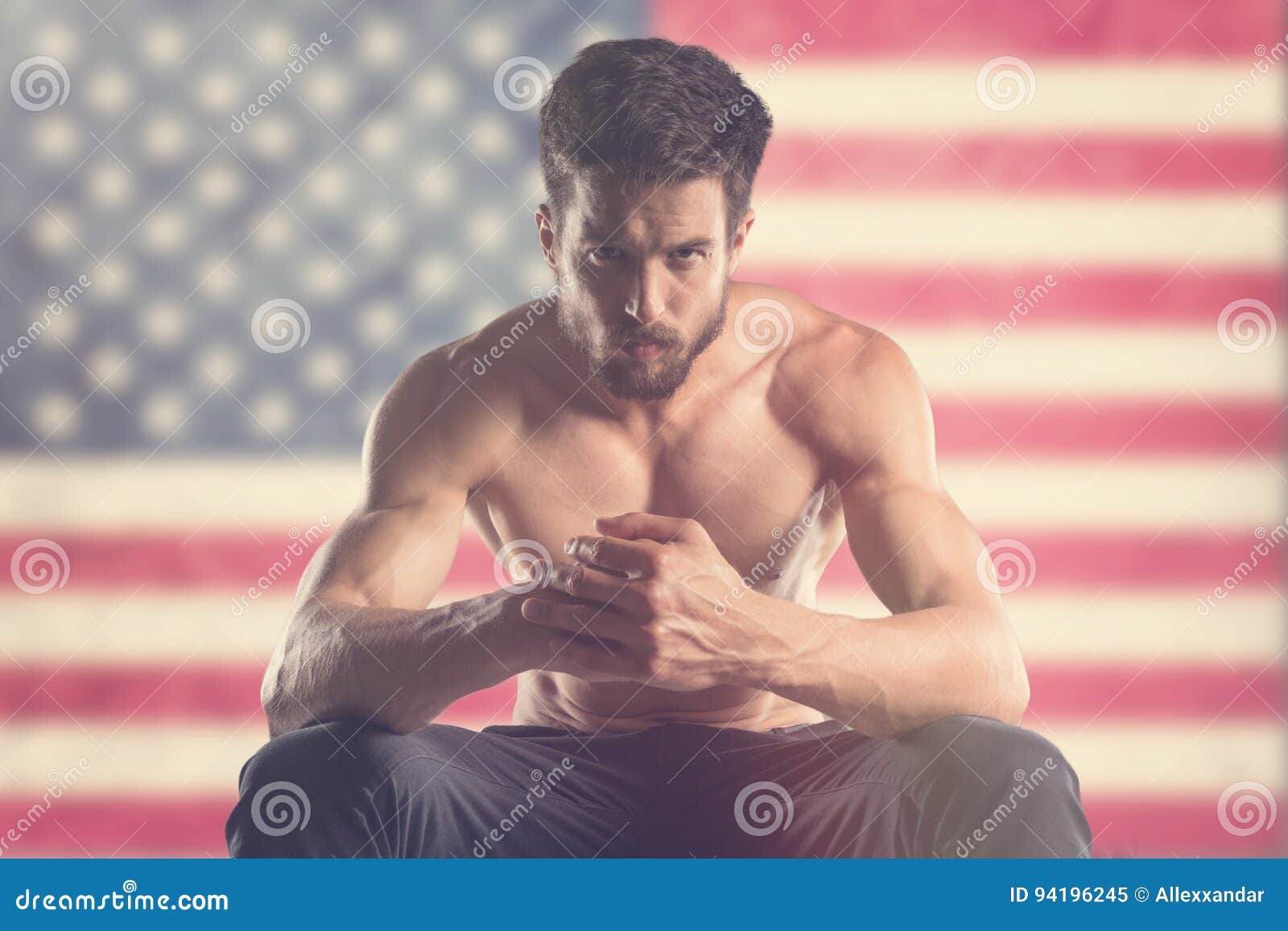 Muscular Man with US Flag Behind Stock Image - Image of chest, force ...