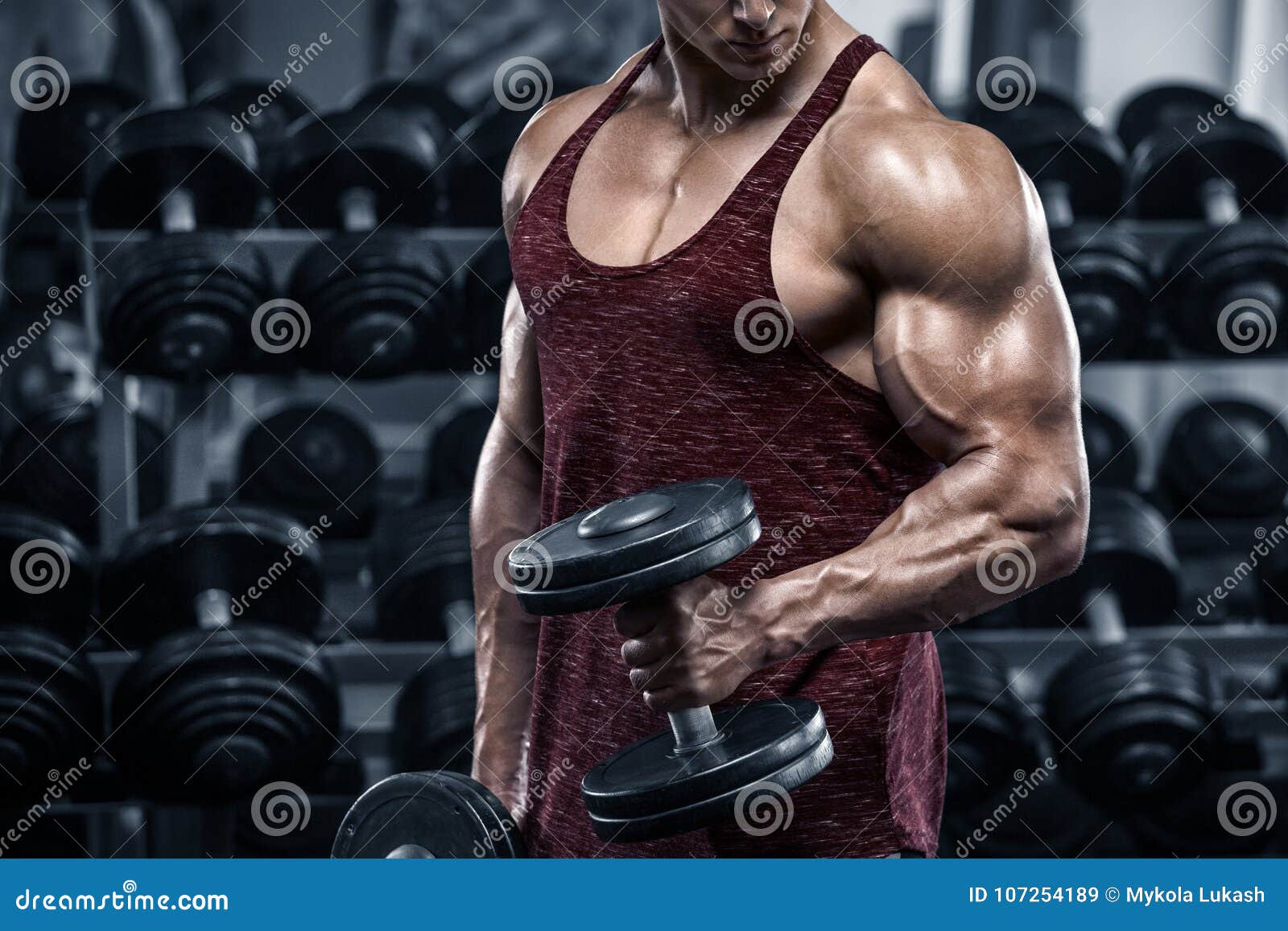 Muscular Man Working Out in Gym Doing Exercises with Dumbbells ...