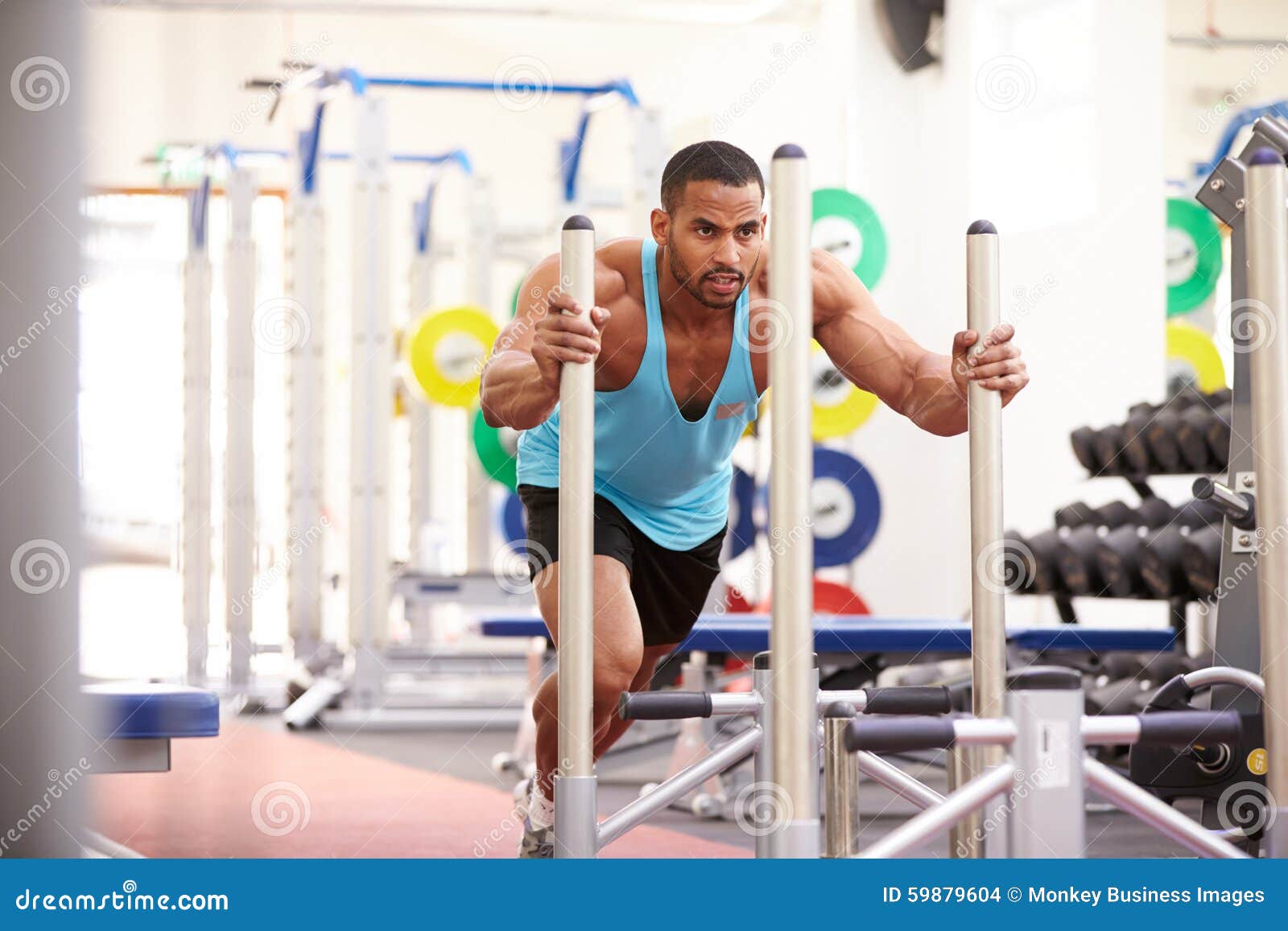 Muscular Man Working Out Using Equipment at a Gym Stock Photo - Image ...