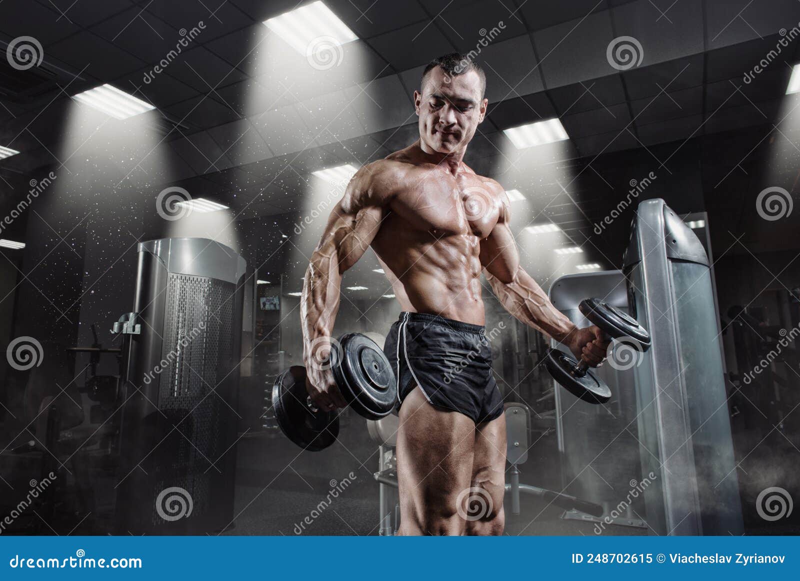 Muscular Man Workout With Barbell At Gym Deadlift Barbells Workout