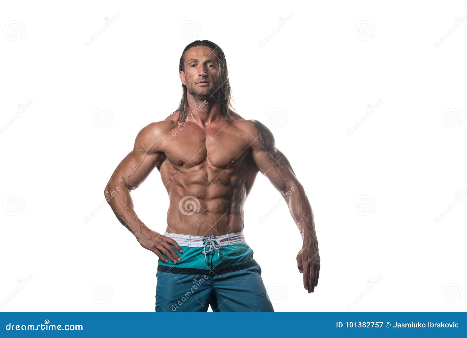Muscular Bodybuilder Man Posing Over White Background Stock Image ...