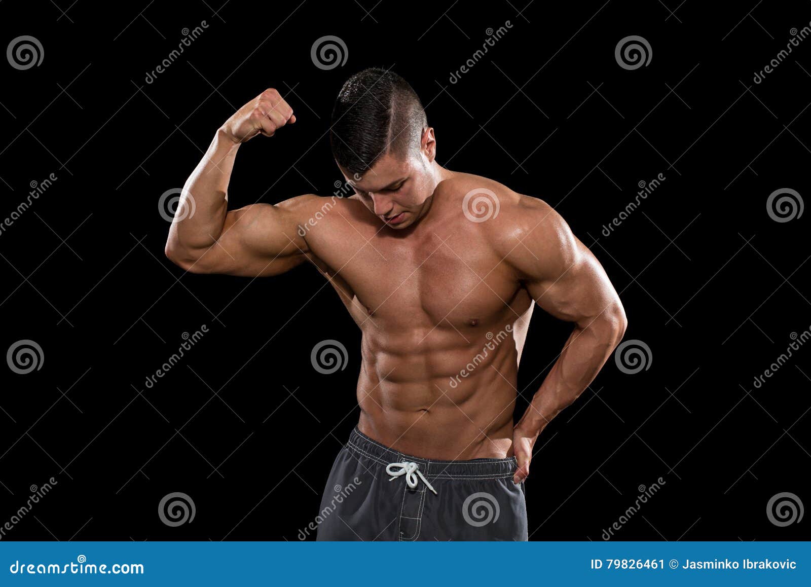 Muscular Men Flexing Muscles on Black Background Stock Image - Image of ...