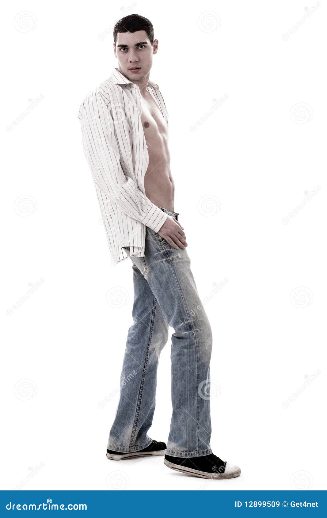 A Muscular Model In A White Open Shirt And Jean Stock Image - Image of ...