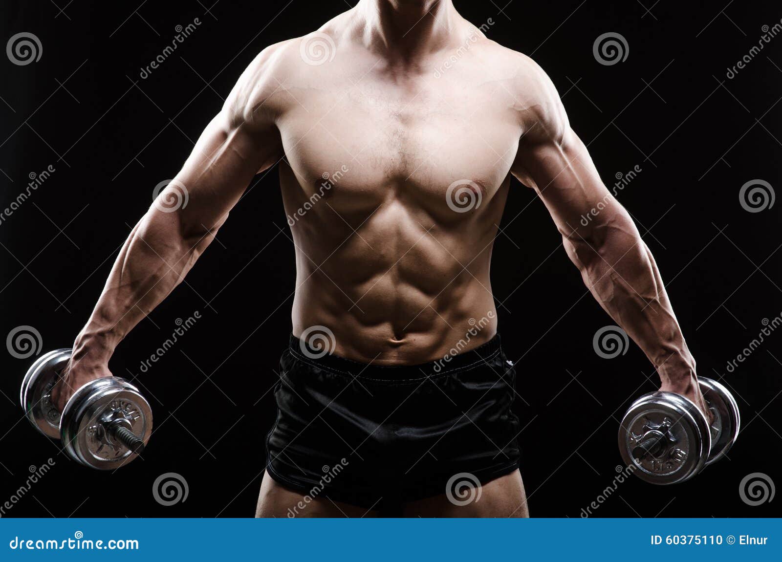 Muscular Ripped Bodybuilder with Dumbbells Stock Photo - Image of ...