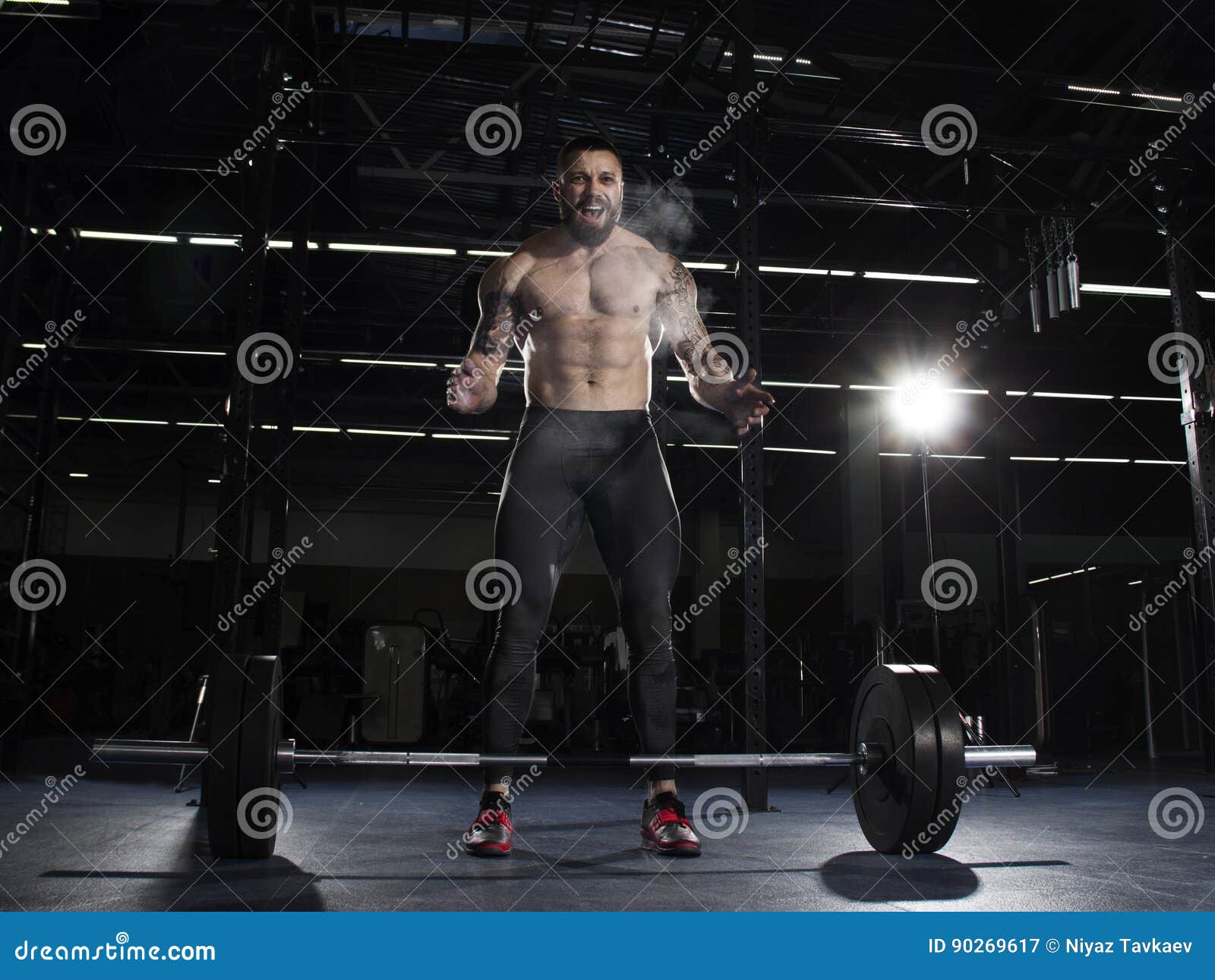 Muscular Shirtless Man Clapping Hands before the Barbell Workout Stock ...