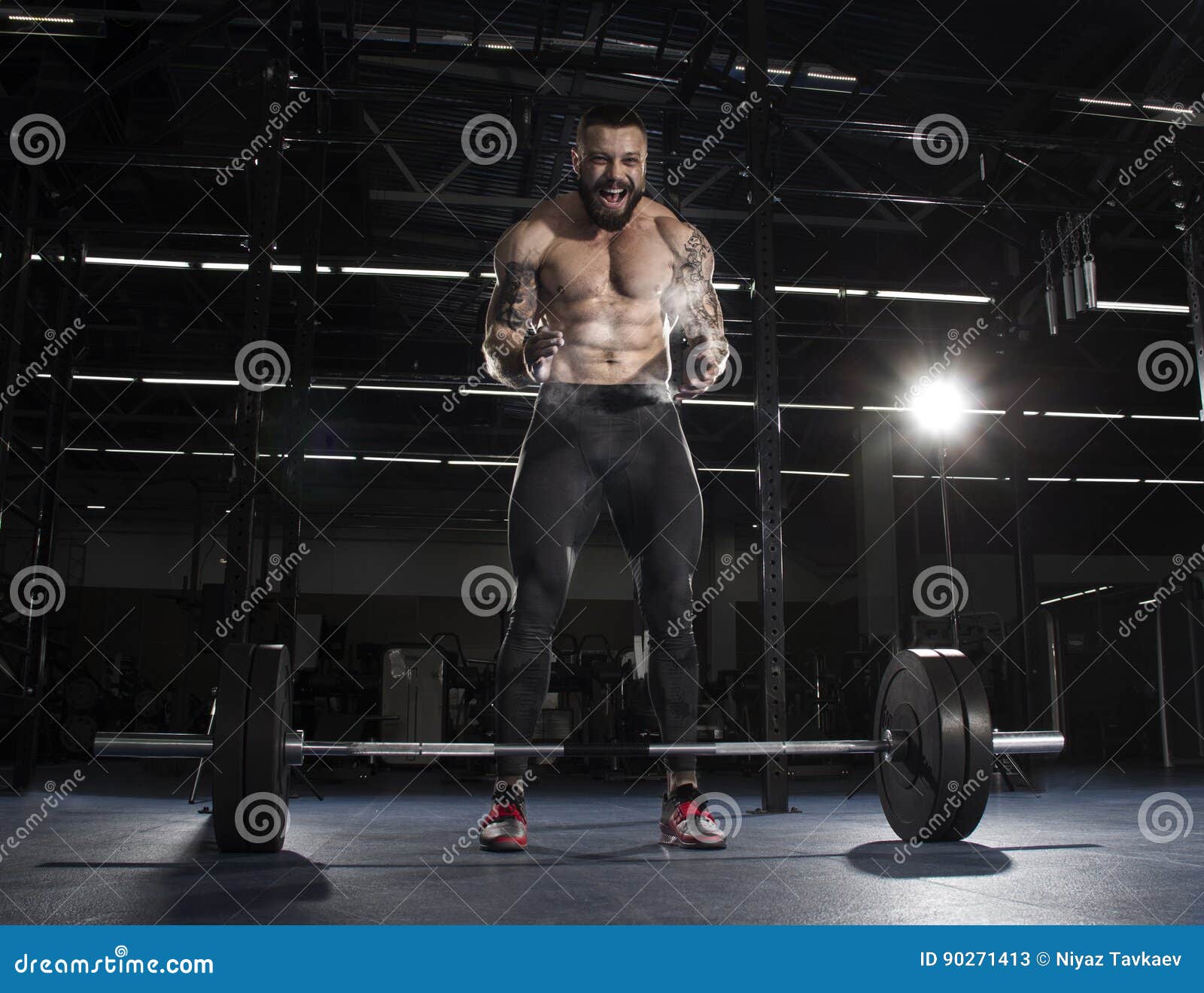 Muscular Shirtless Man Clapping Hands before the Barbell Workout Stock ...