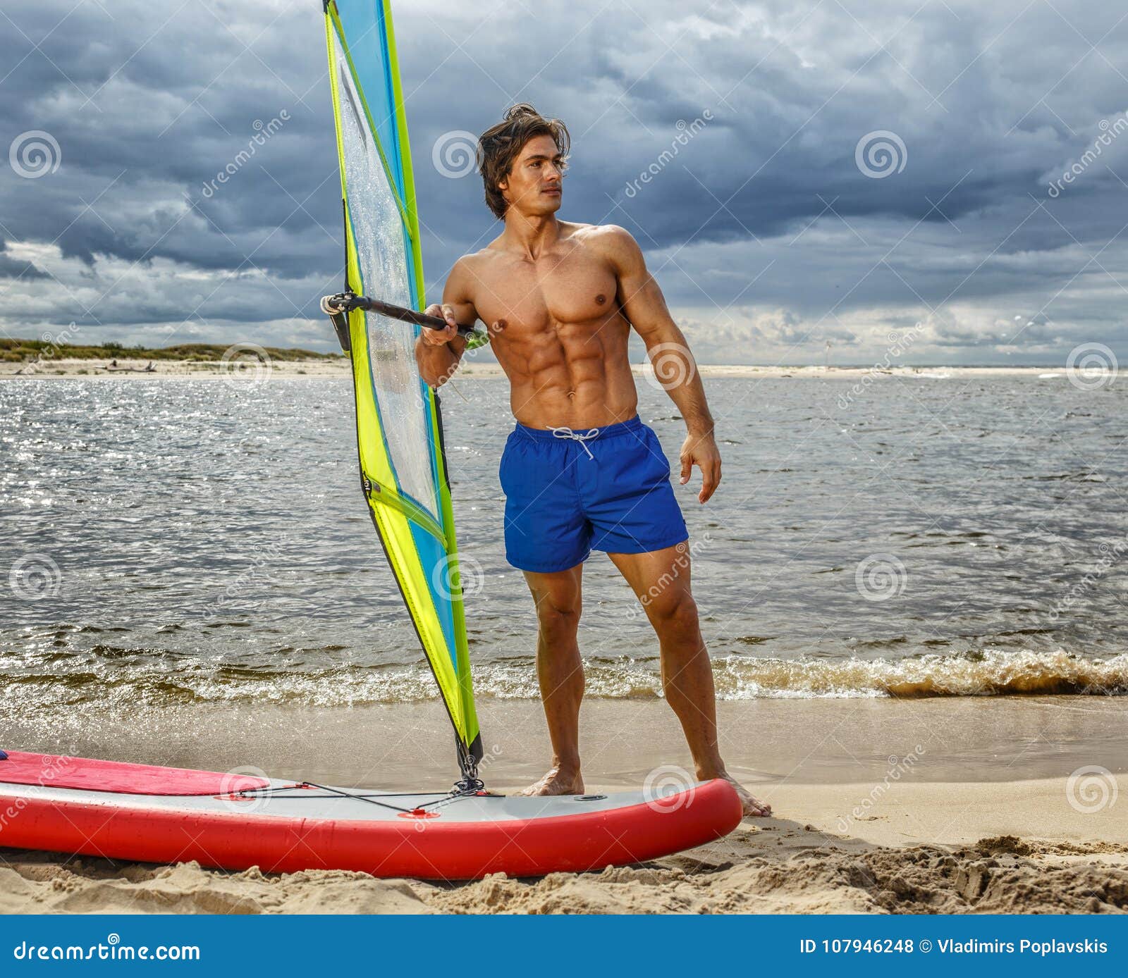 Muscular Surfer Posing with Surfboard. Stock Photo - Image of body ...