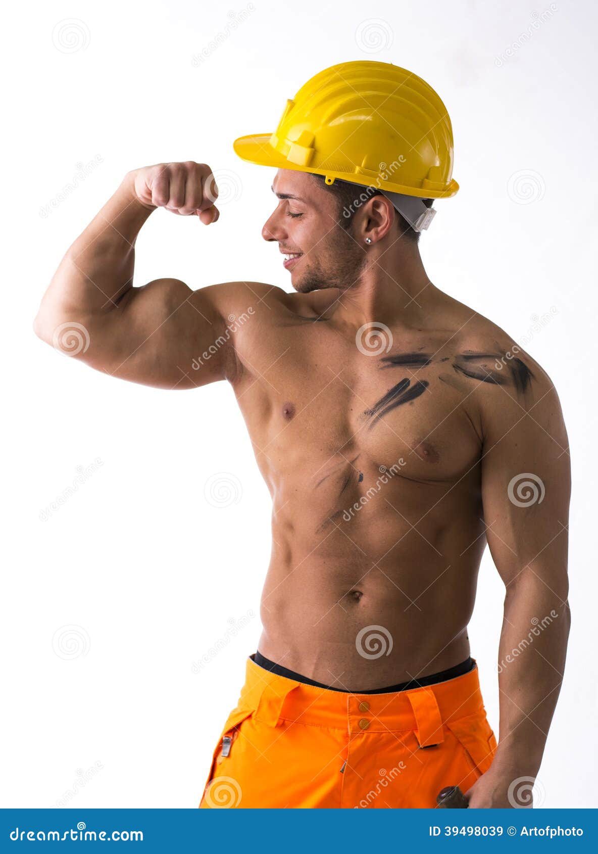 Muscular Young Construction Worker Shirtless Looking at His Bulging ...
