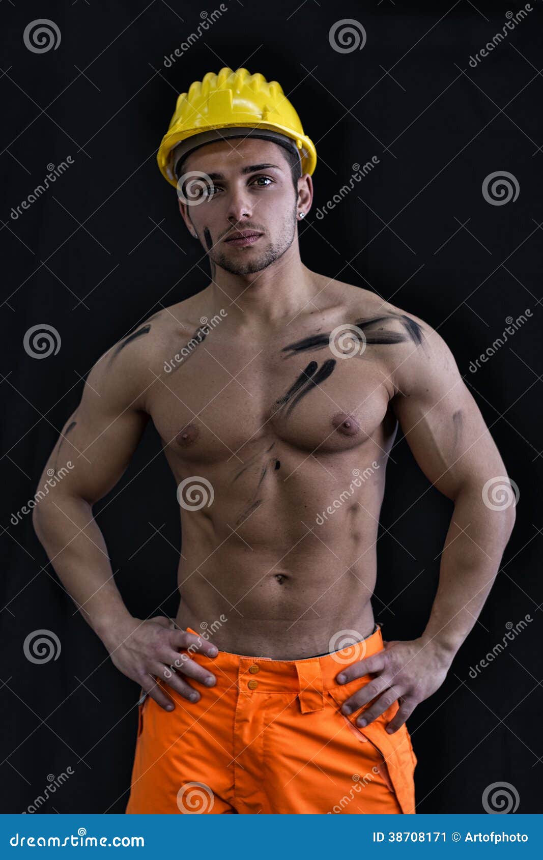 Muscular Young Construction Worker Shirtless Royalty Free Stock