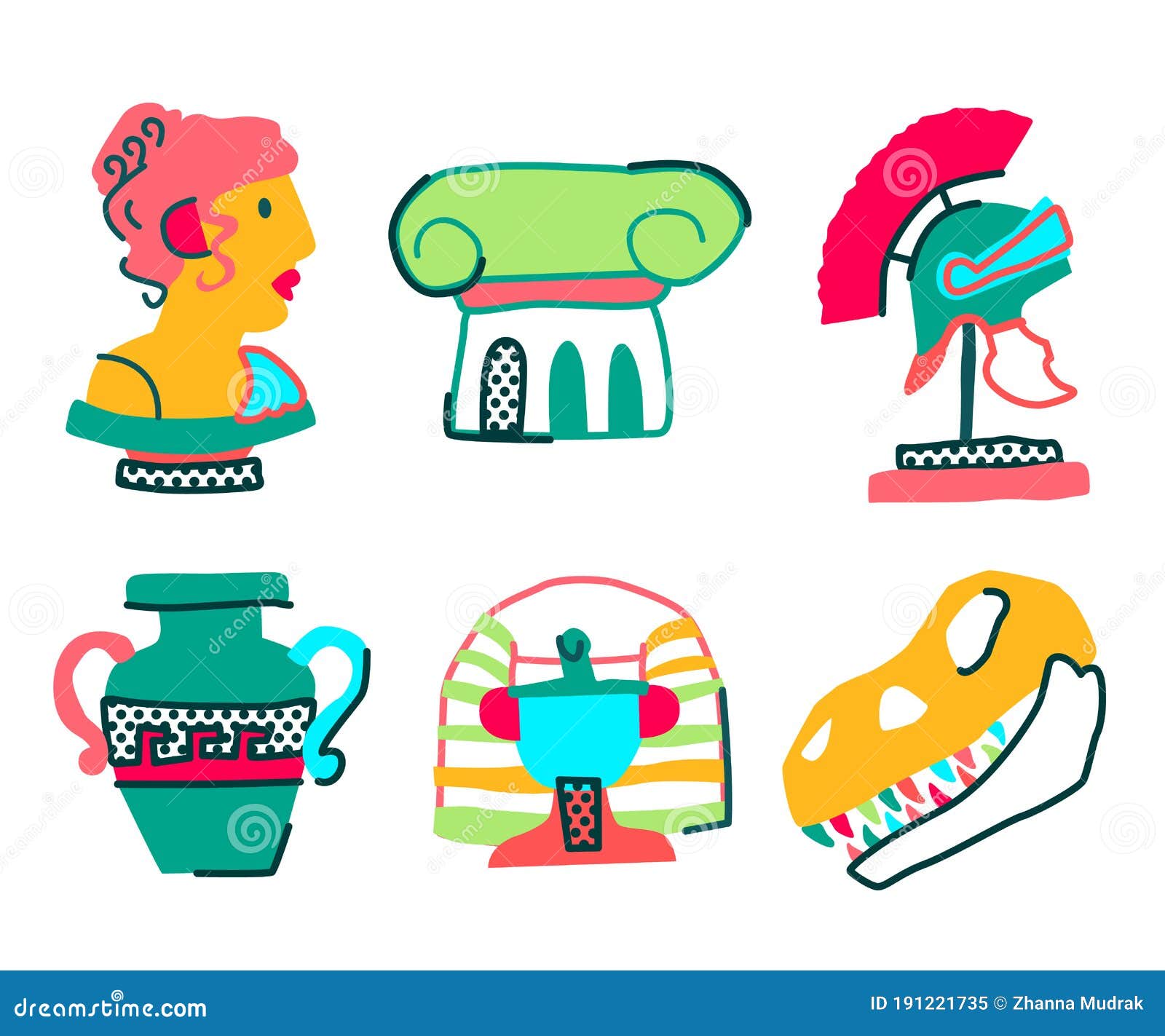 Museum Icon Doodle Naive Set of Isolated Exhibit Items and Essential ...