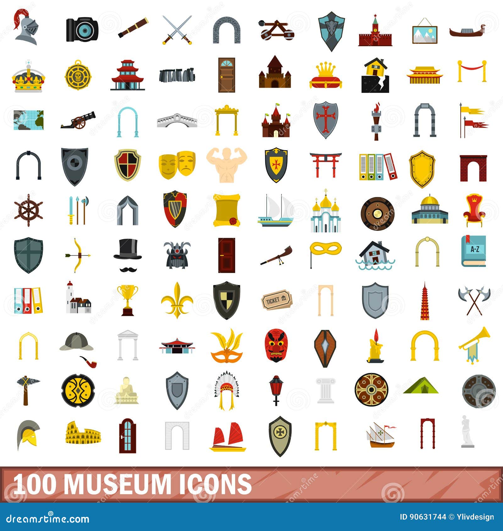 100 Museum Icons Set, Flat Style Stock Vector - Illustration of ...