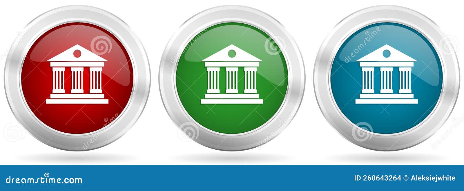 Museum Vector Icon Set. Red, Blue and Green Silver Metallic Web Buttons ...