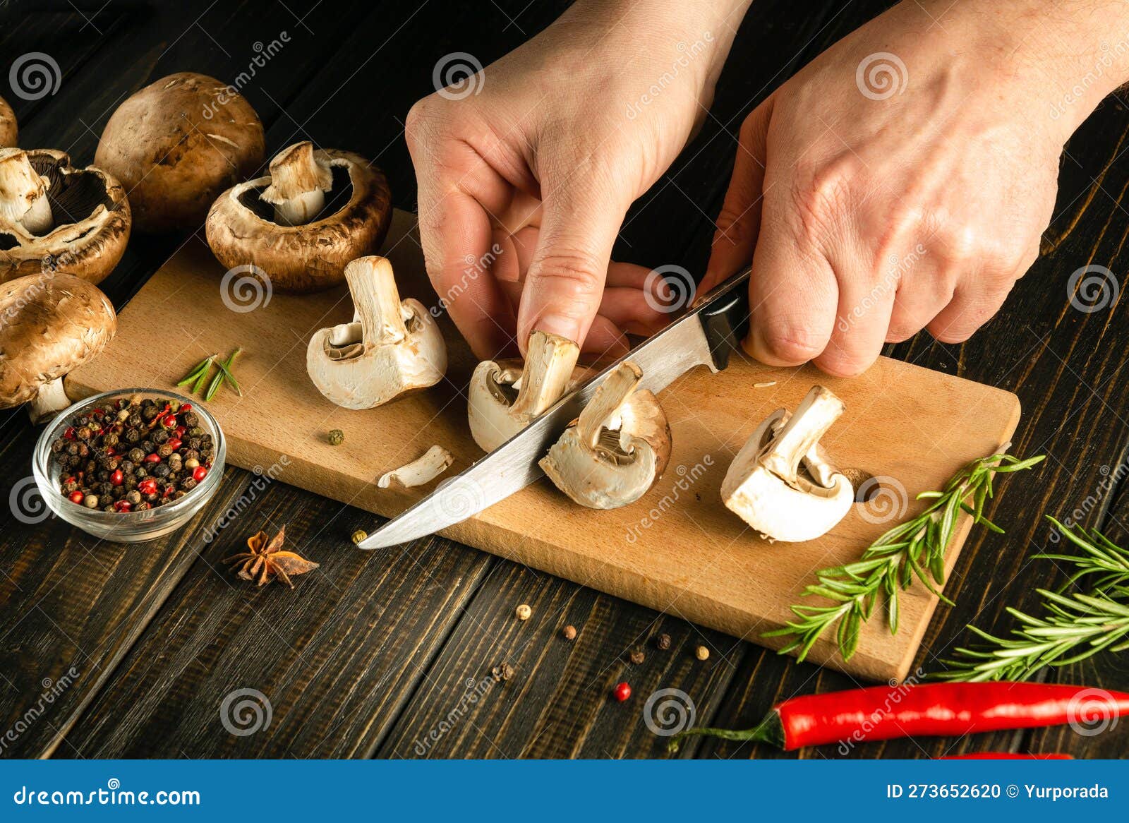 Mushroom Diet Idea. Cooking Agaricus Mushrooms by the Hands of the Chef ...