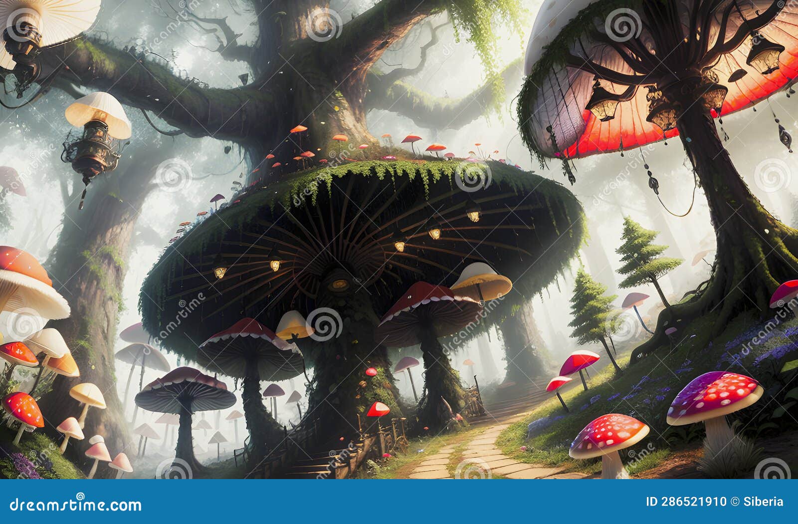 Mushroom Forest of Fly Agaric in Dense Fog, Created Using Artificial ...
