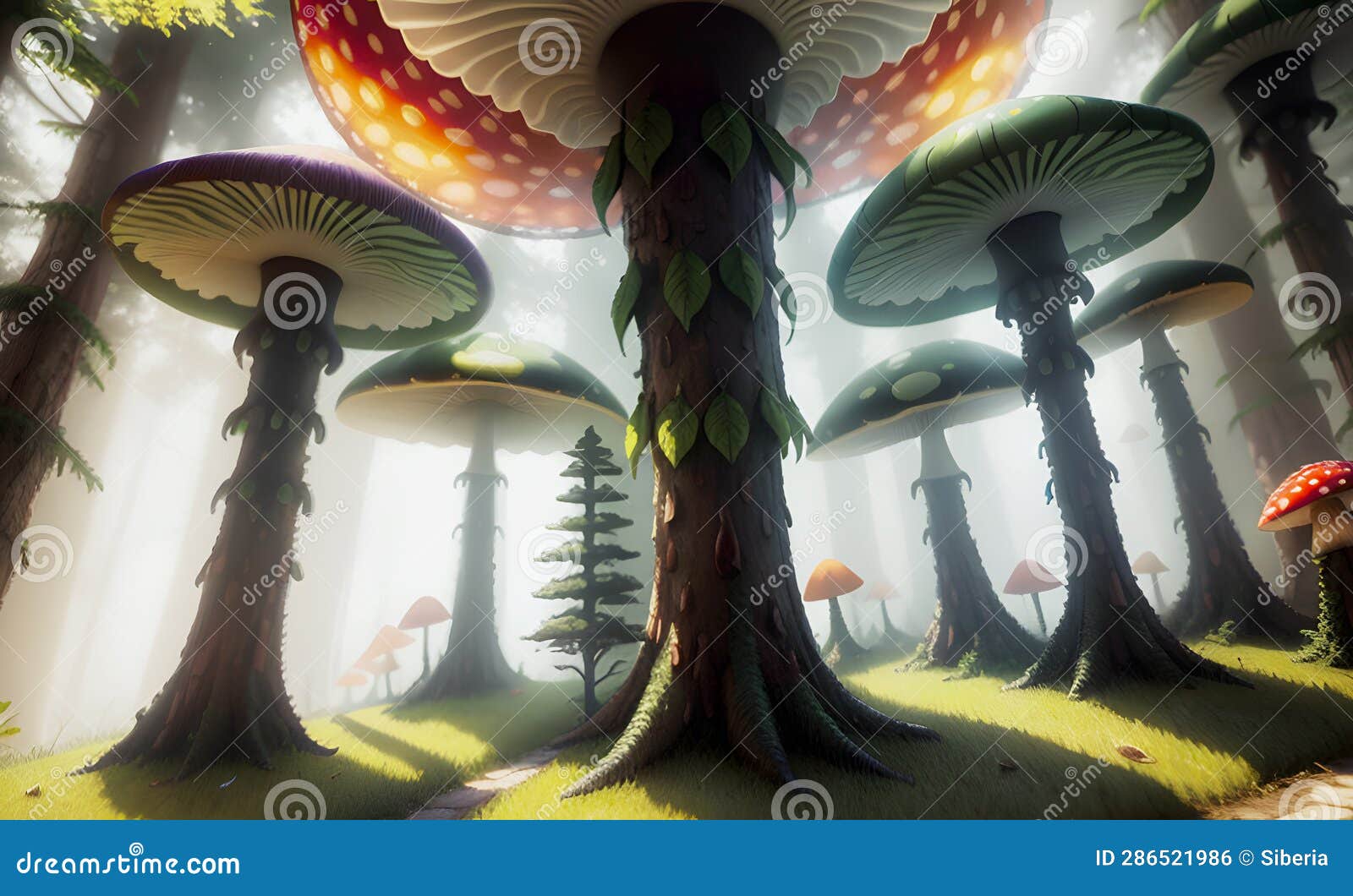 Mushroom Forest of Fly Agaric in Dense Fog, Created Using Artificial ...