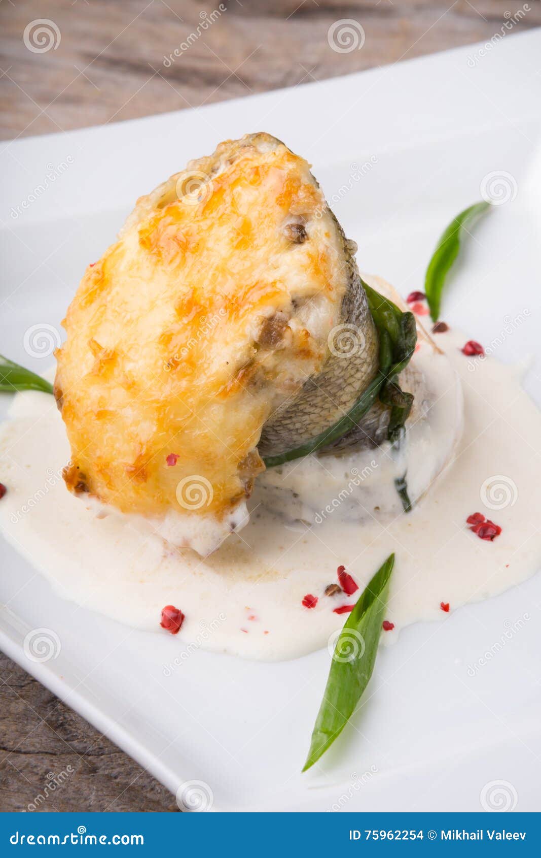 Mushroom Julienne with White Fish Stock Photo - Image of prepared ...