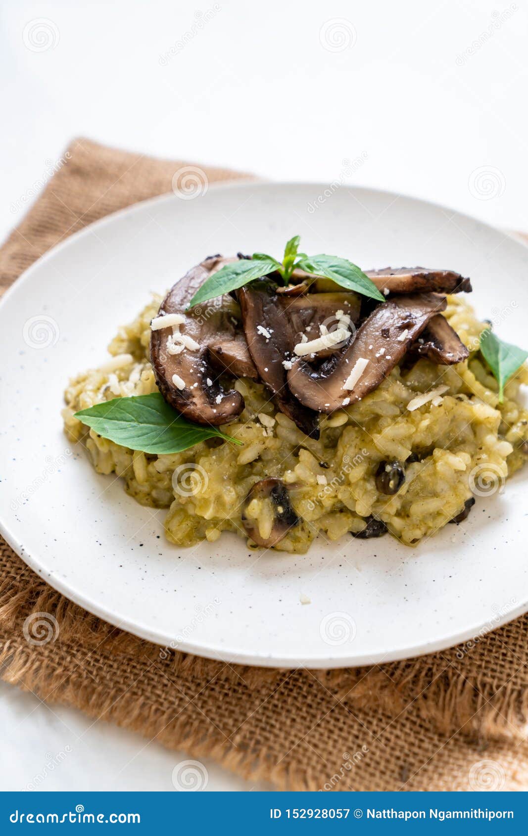 Mushroom Risotto with Pesto and Cheese Stock Image - Image of food ...