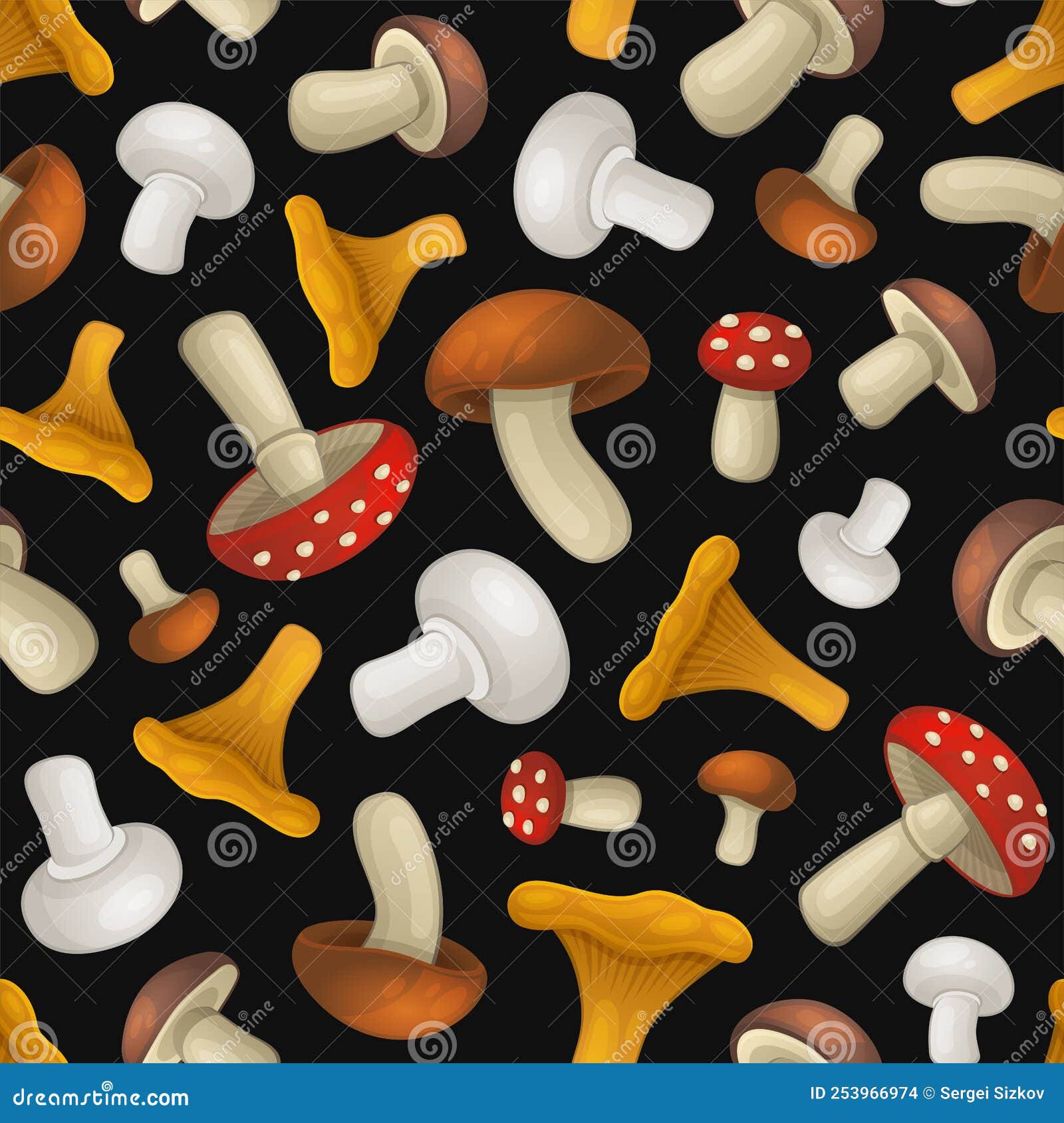 Mushroom Seamless Pattern on Black Background. Vector Stock Vector ...
