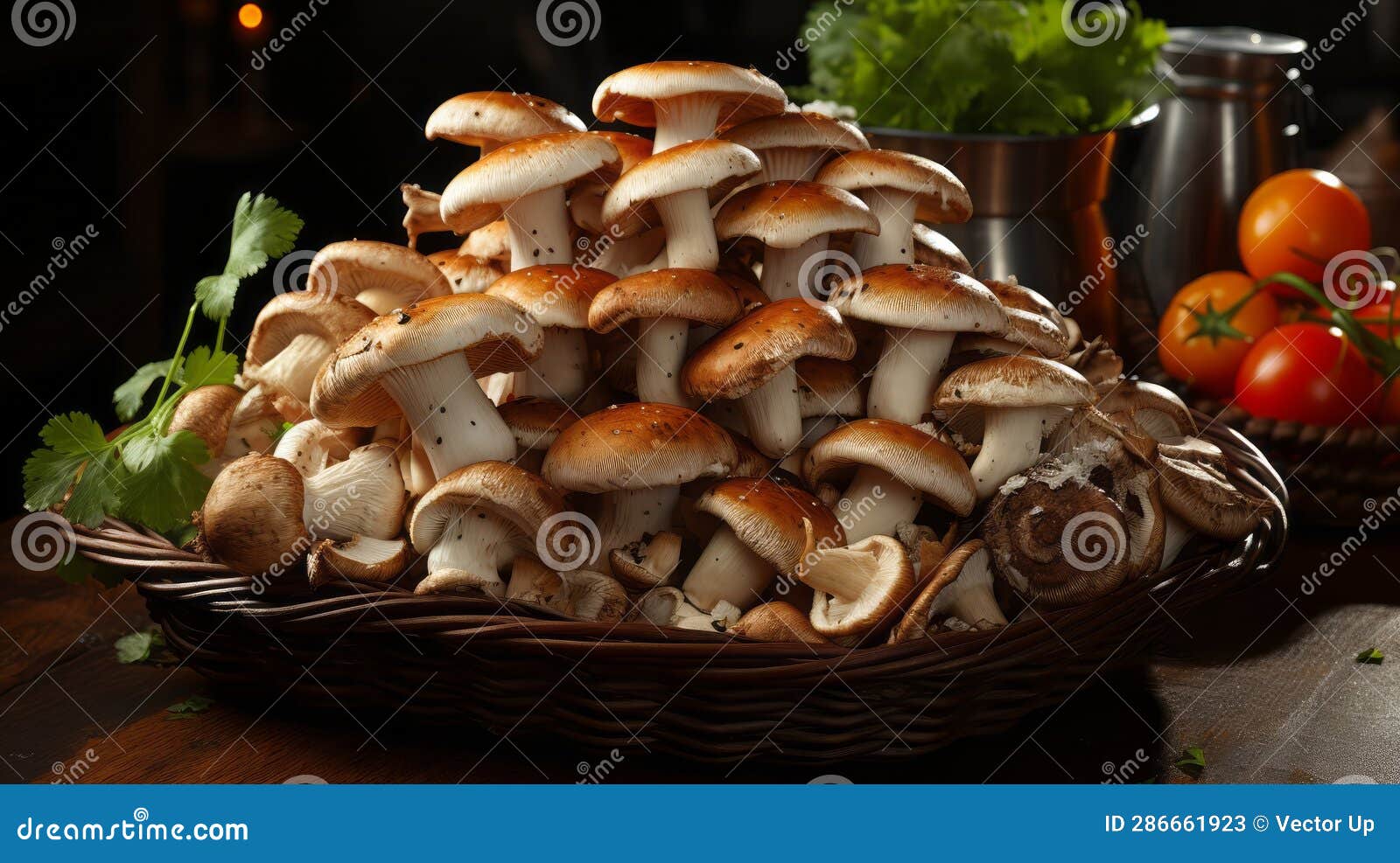 Mushroom Stack on Basket for Sell. Generative AI. Stock Image - Image ...
