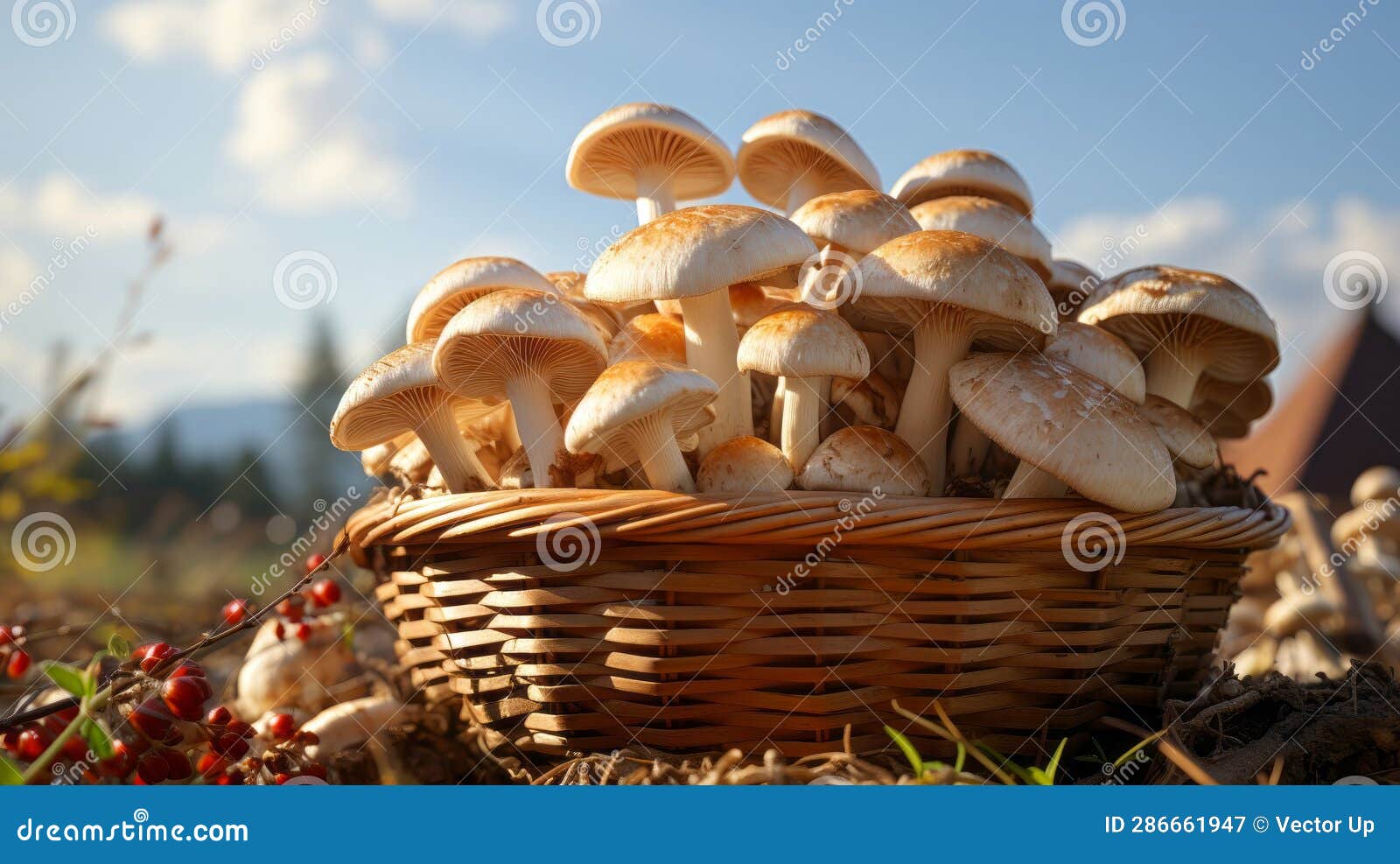 Mushroom Stack on Basket for Sell. Generative AI. Stock Illustration ...