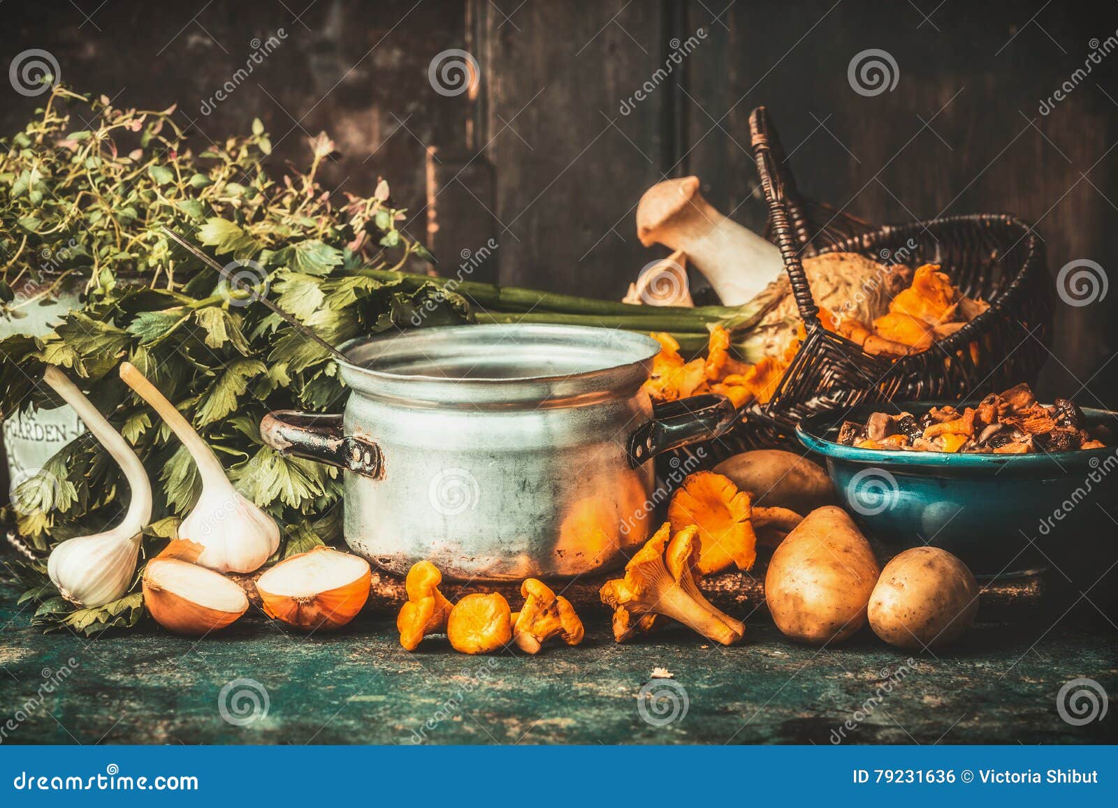 Mushrooms Cooking Preparation on Rustic Kitchen Table Stock Photo ...
