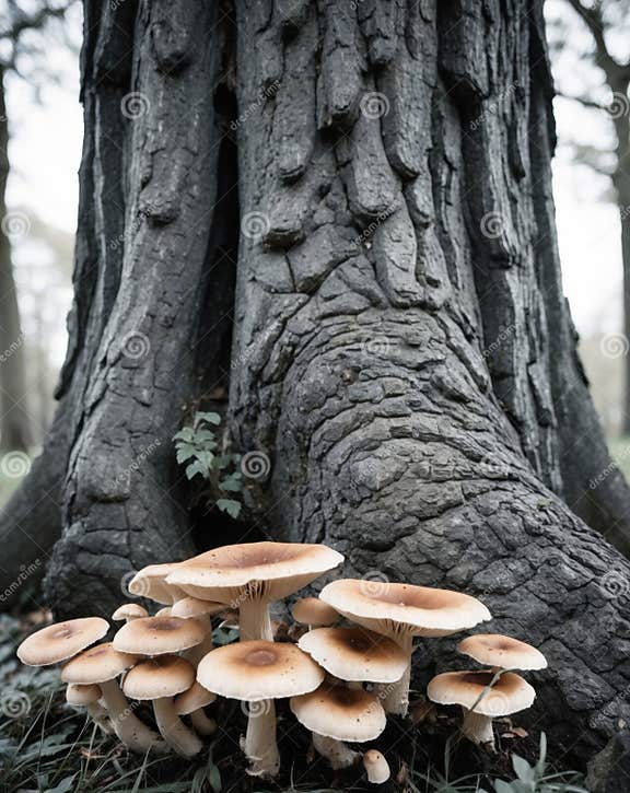 Mushrooms Growing at Base of Large Oak Tree. Stock Image - Image of ...