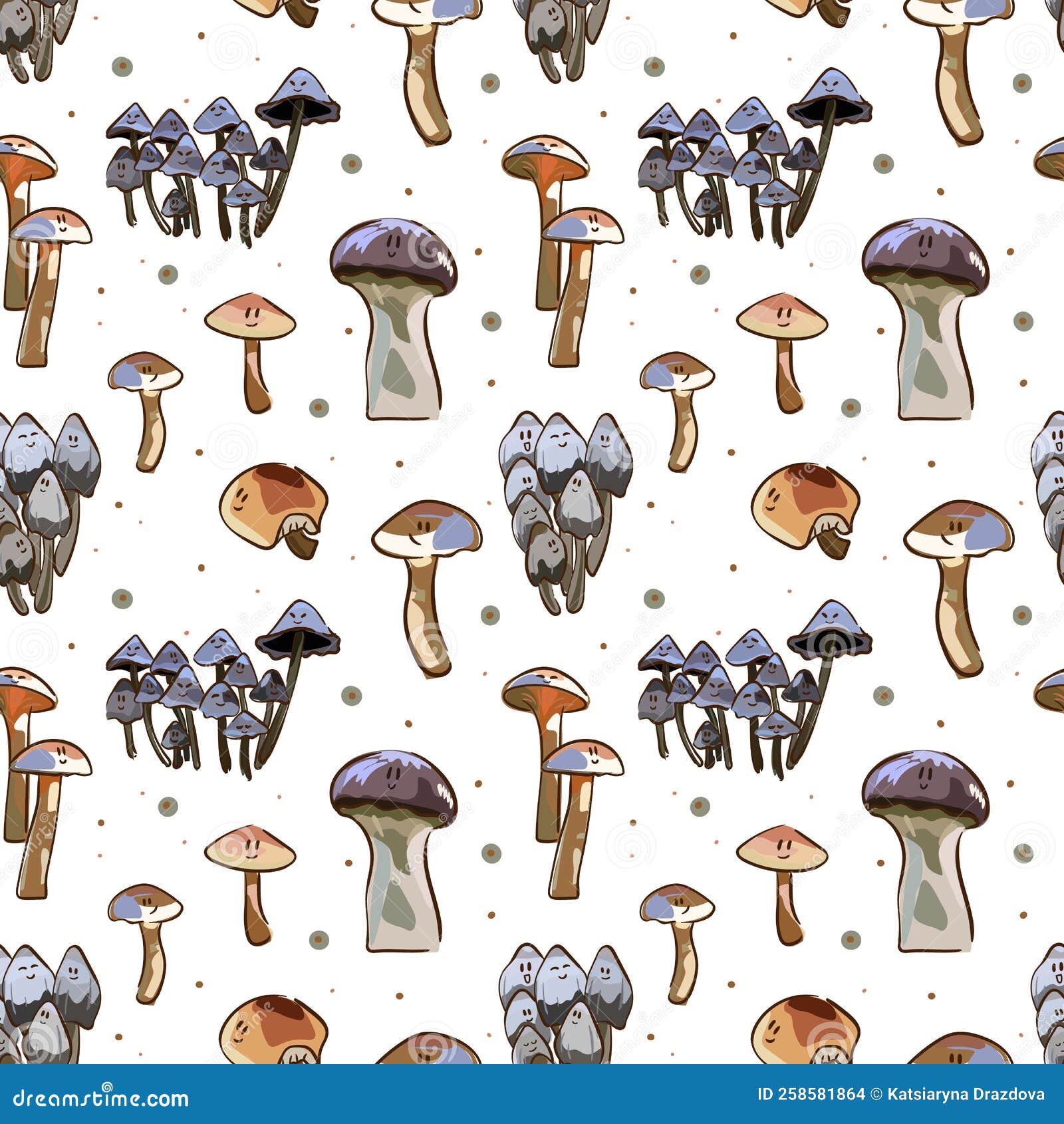 Mushrooms Seamless Pattern. Cartoon Style. Template for Design ...
