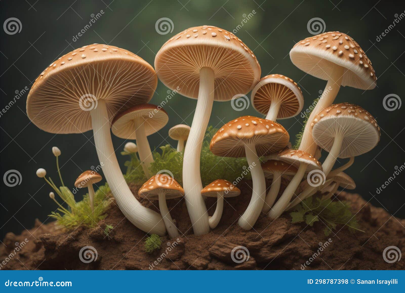 Mushrooms on a Solid Color Background with Green Moss and Water Drops ...