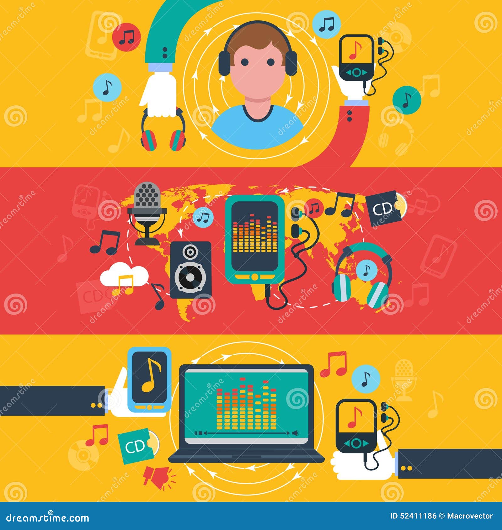Music Apps Concept Flat Banners Set Stock Vector - Illustration of ...