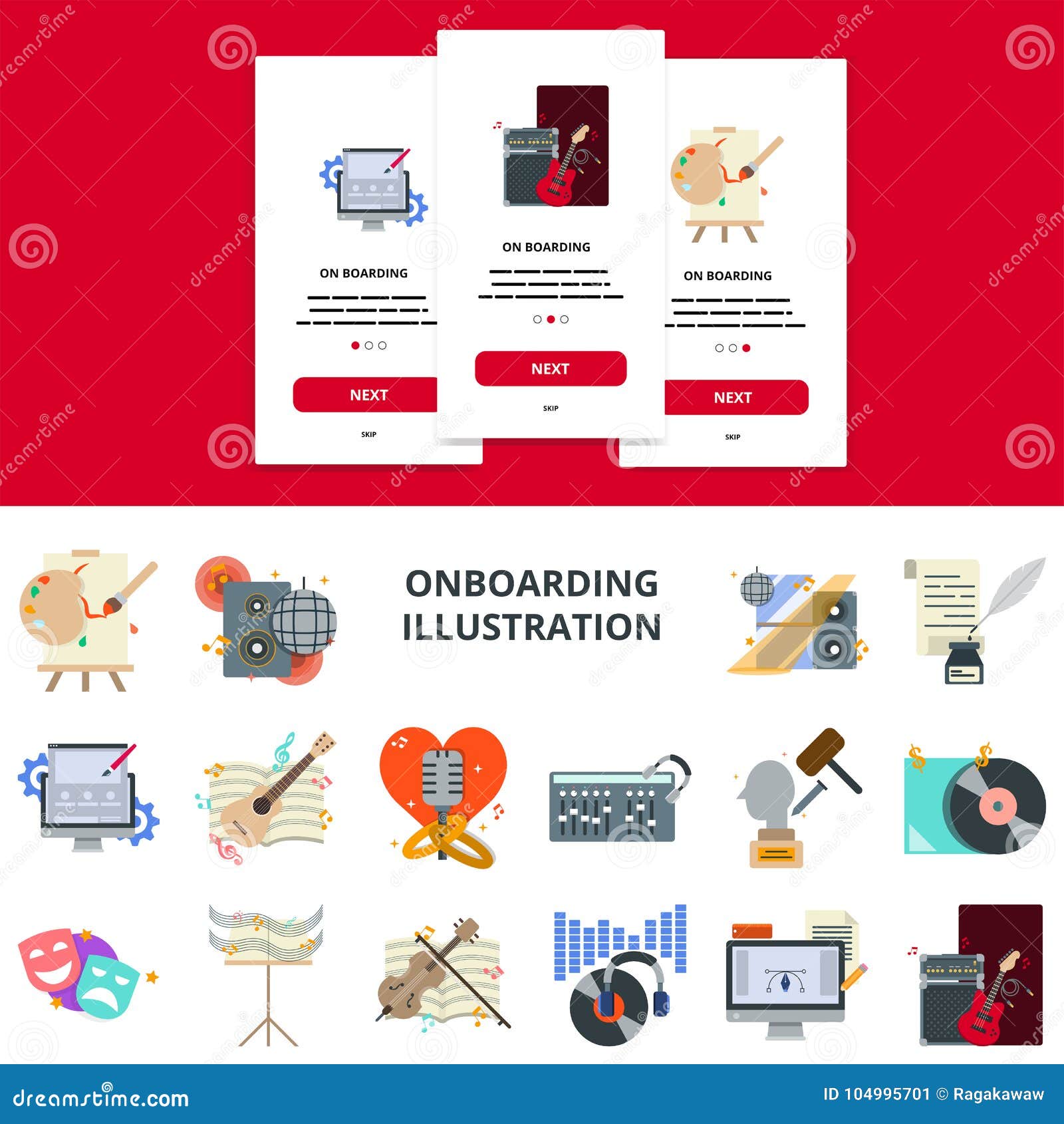 Music and Art Flat Design Concept for Onboarding Mobile App Screen ...