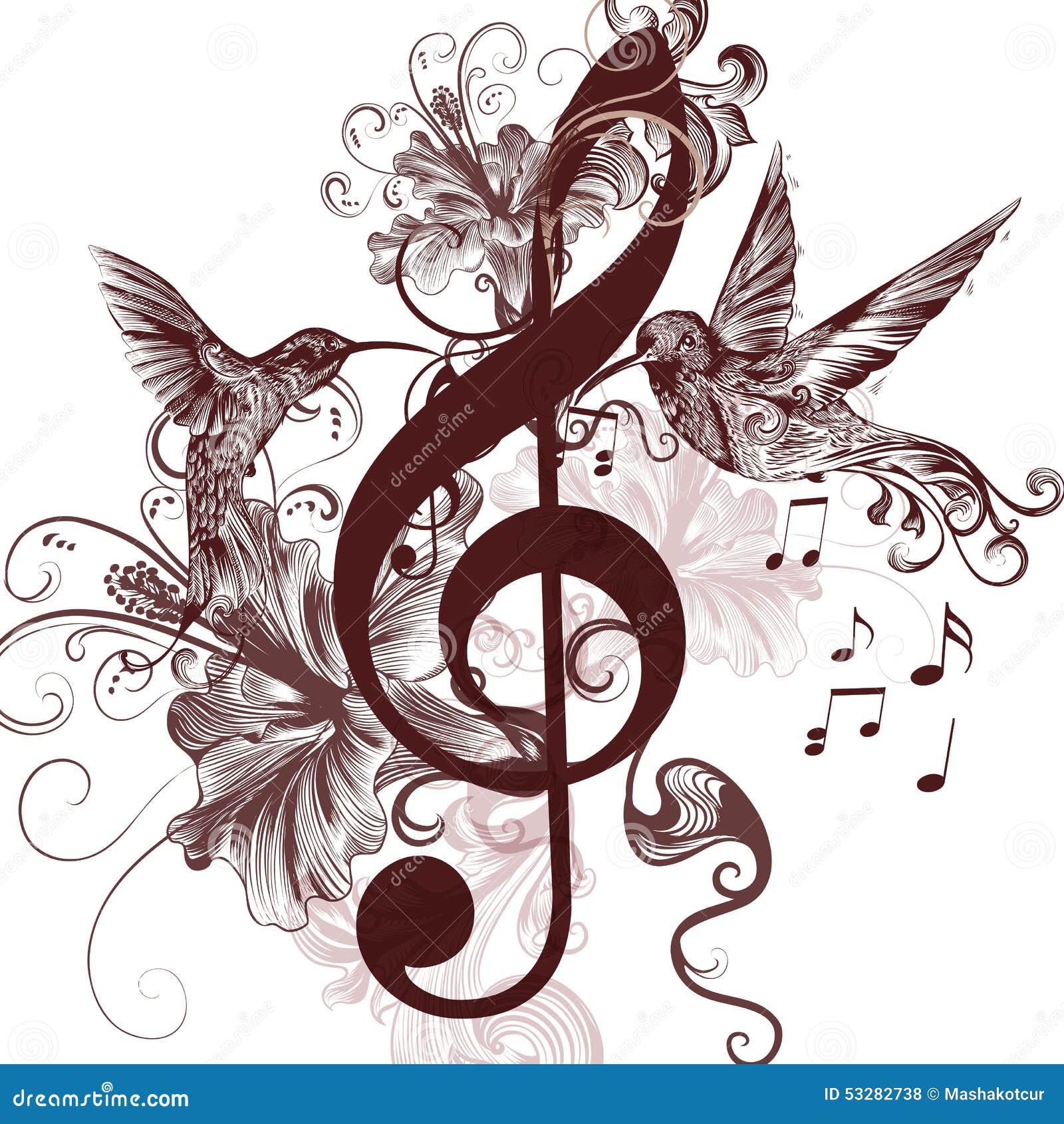 Music Background with Treble Clef and Hummingbirds for Design Stock ...