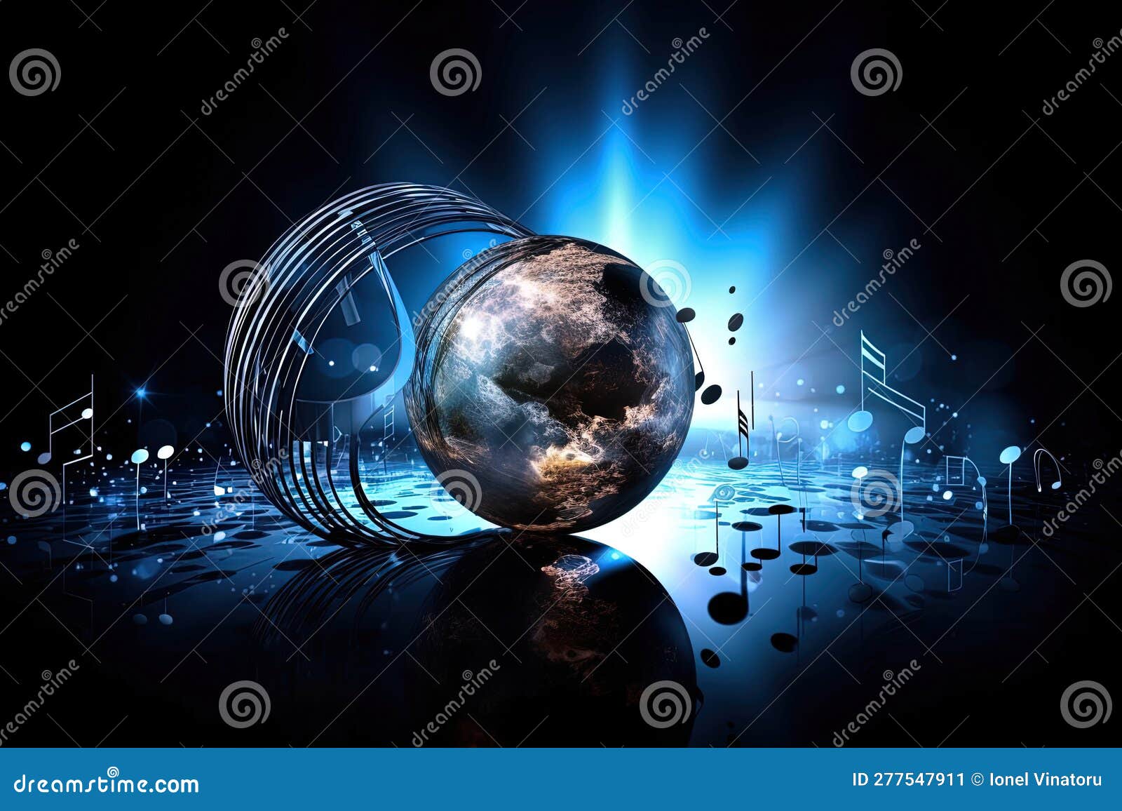 The Music of Earth. a Globe on a Blue Background and Musical Notes ...