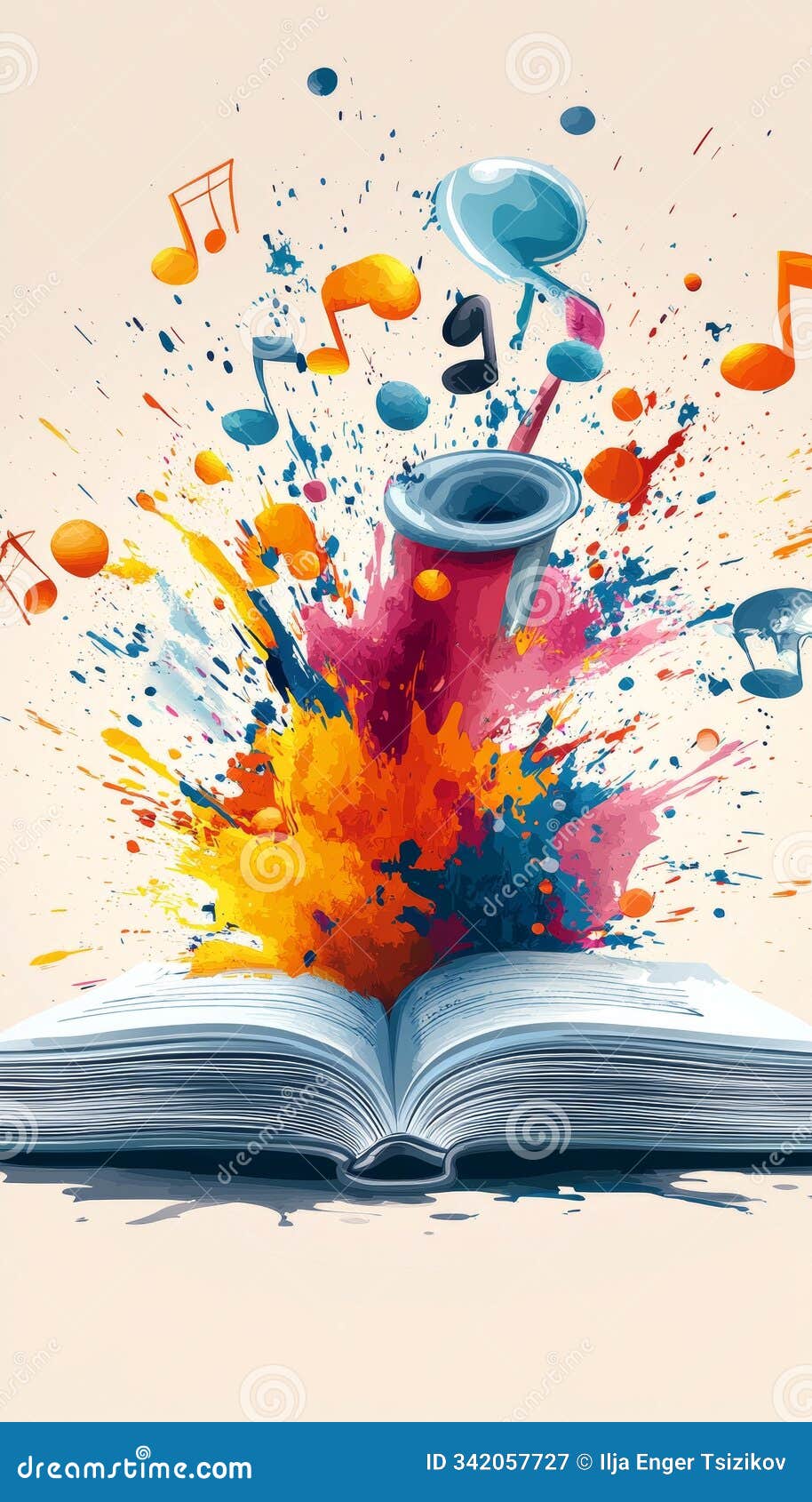 Music Explosion from Open Book, Colorful Music Notes and Paint Splatter ...