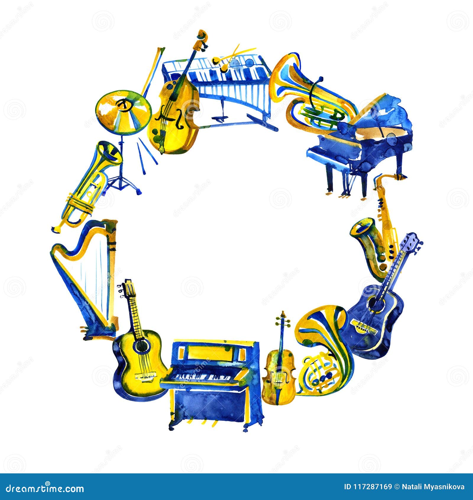 Music Frame with Musical Instruments and Notes. Hand Drawn Watercolor ...