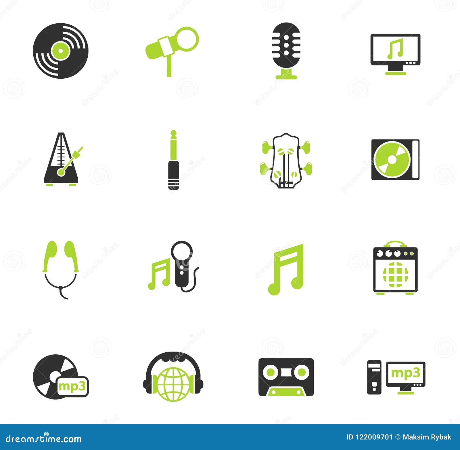 Music icon set stock vector. Illustration of note, green - 122009701