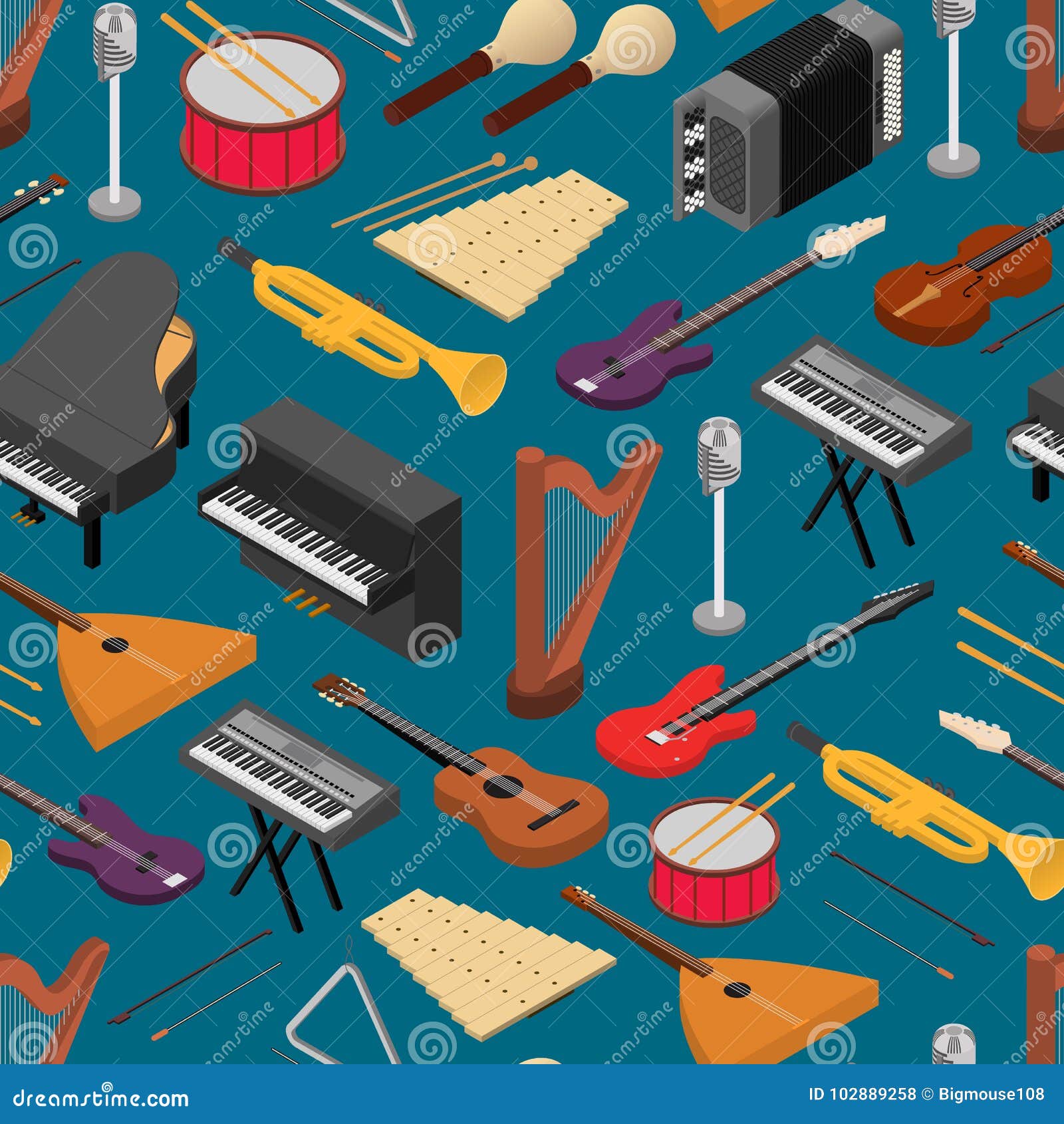 Music Instruments Background Pattern Isometric View. Vector Stock ...