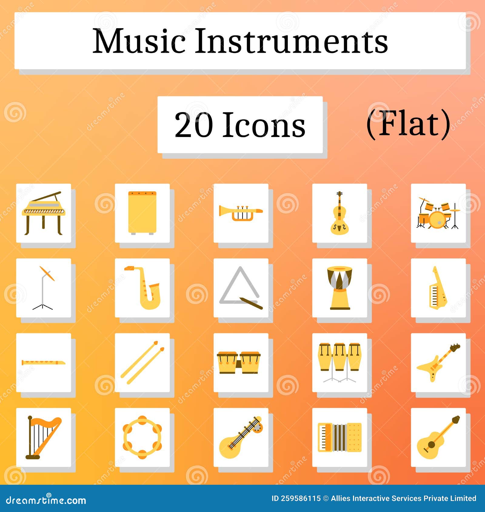 20 Music Instruments Flat Icon Set on Orange and White Square Stock ...
