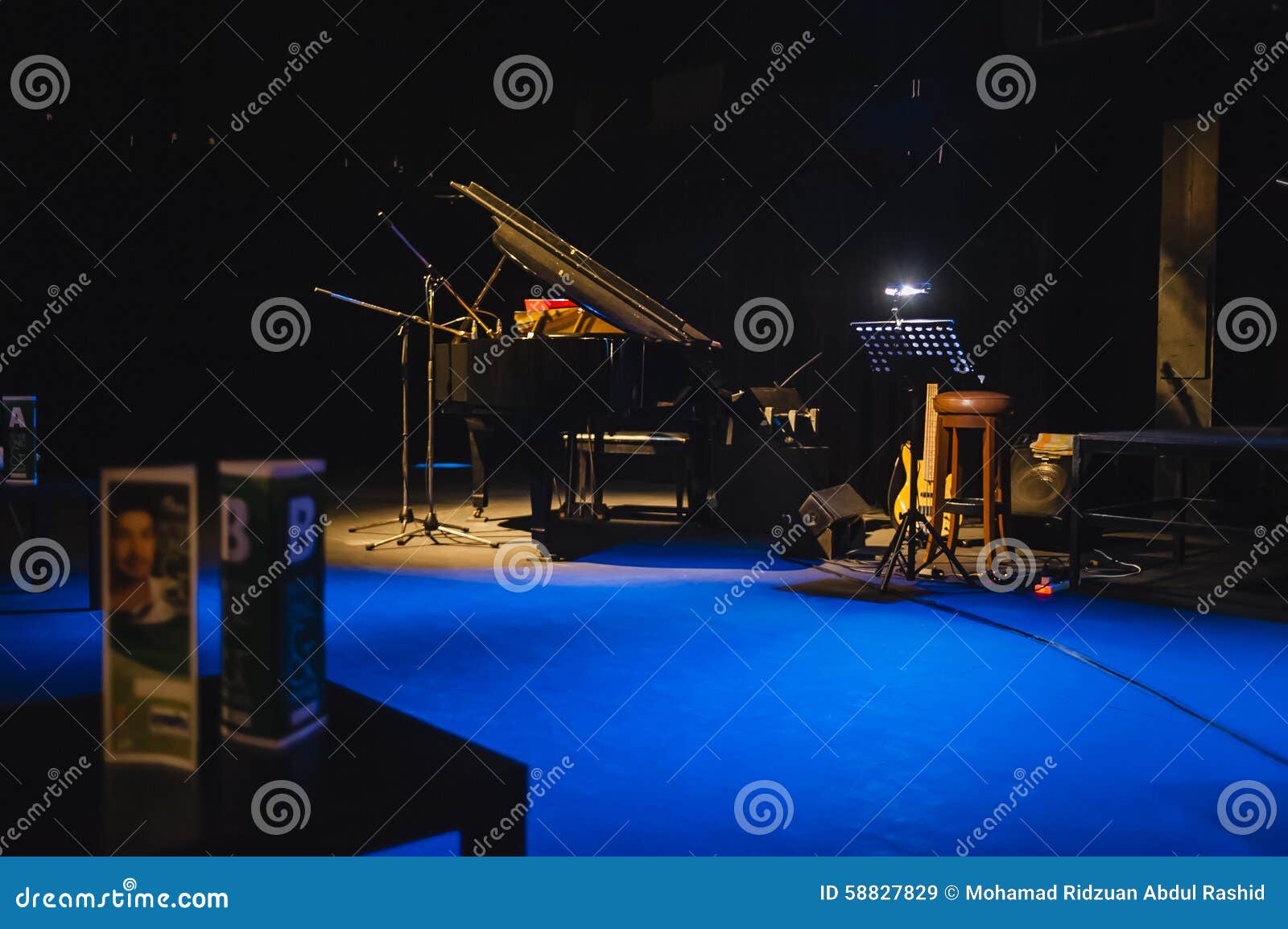Music Instruments on Stage in Dark Studio Stock Image - Image of tools ...