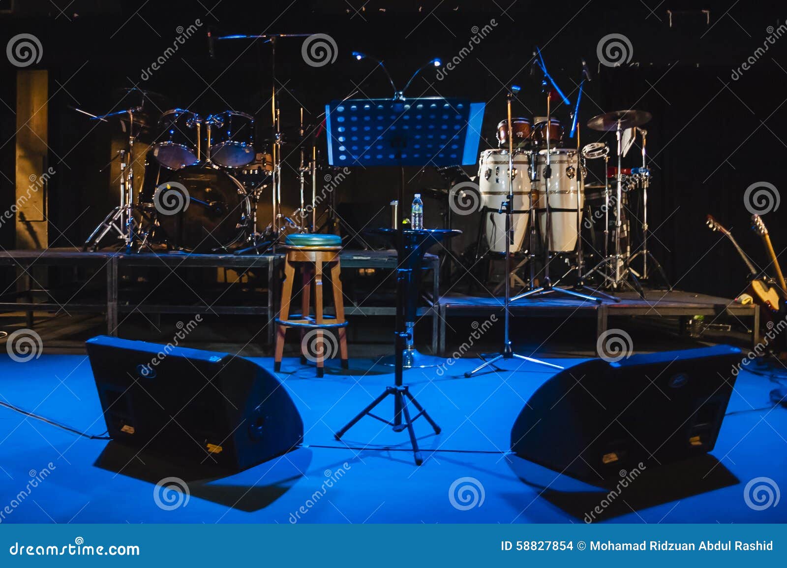 Music Instruments on Stage in Dark Studio Stock Photo - Image of ...
