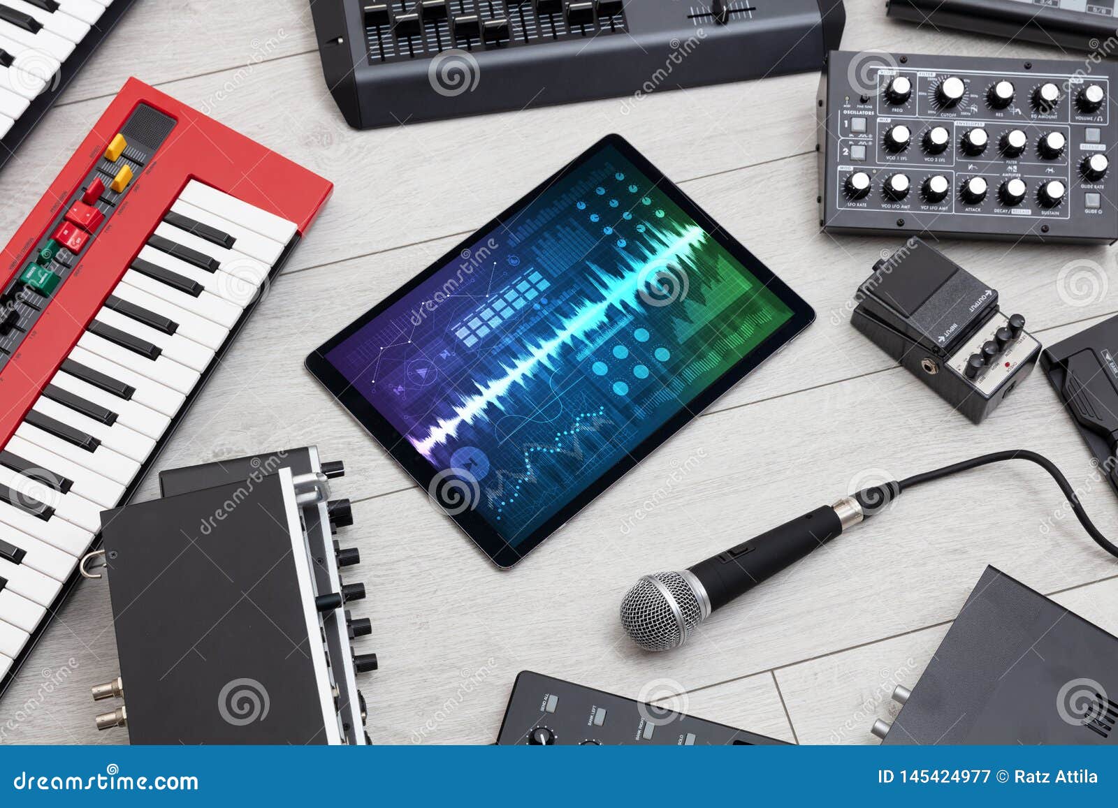 Music Instruments and Tablet with Recording App Stock Image - Image of ...