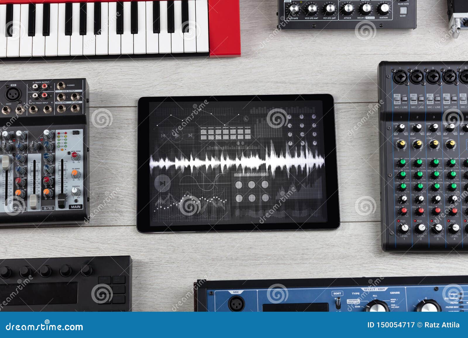 Music Instruments and Tablet with Recording App Stock Image - Image of ...